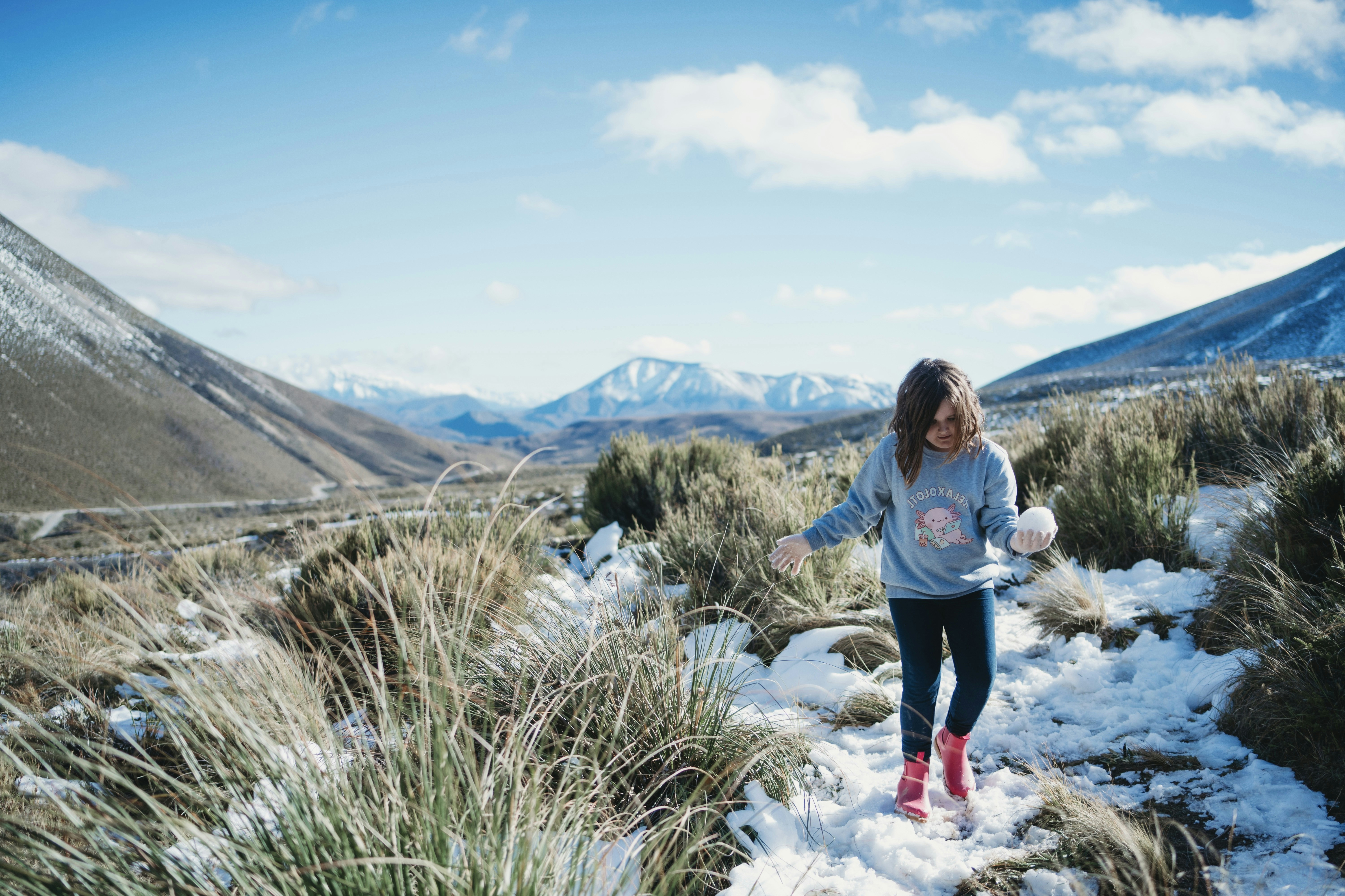 Snowcrest Stride: A Girl Navigates Wind and Light on a Mountain Meadow