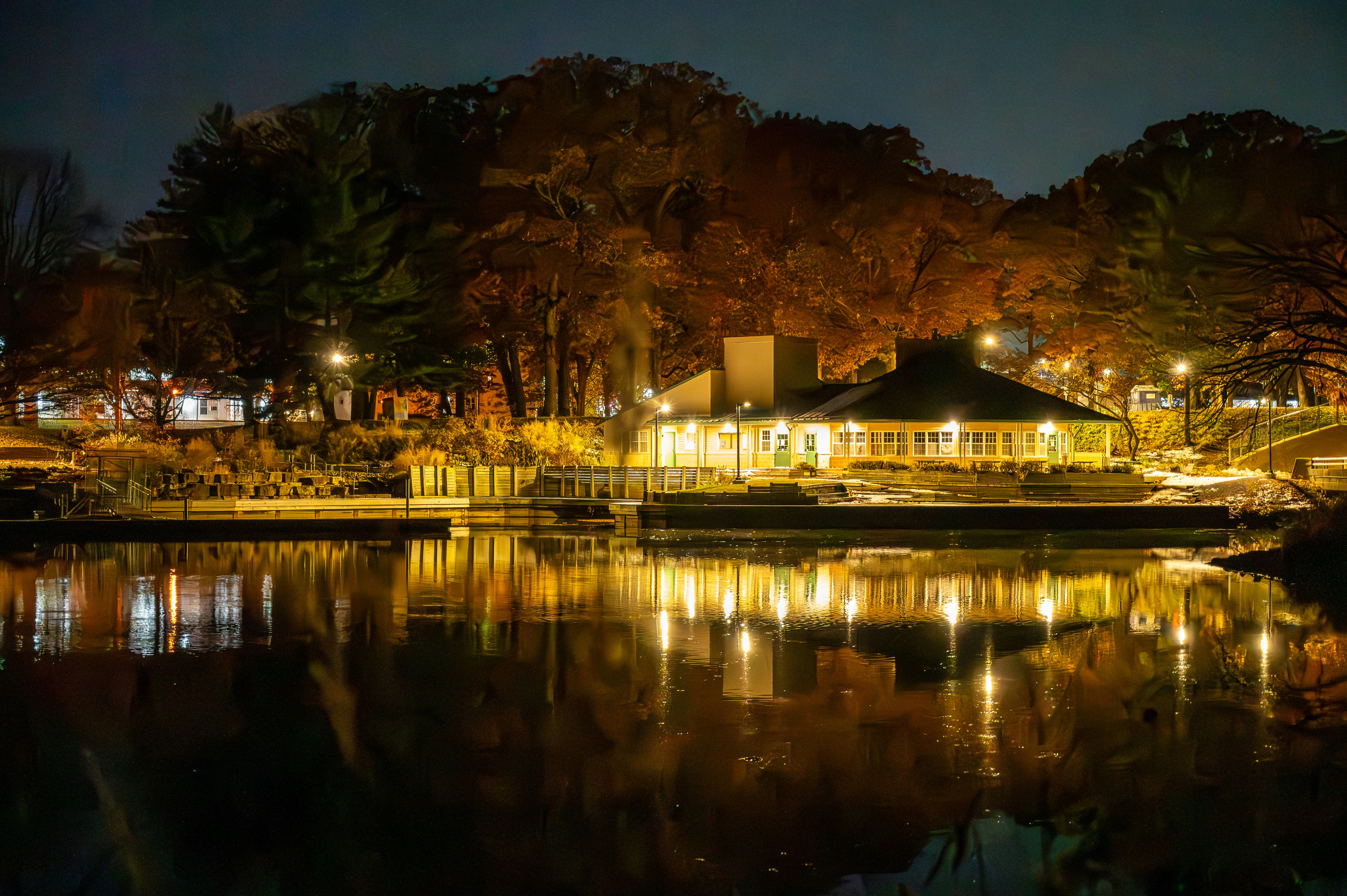 Luminescent Wharf: Warm Evening Lights Reflect on a Tranquil Autumn Lake