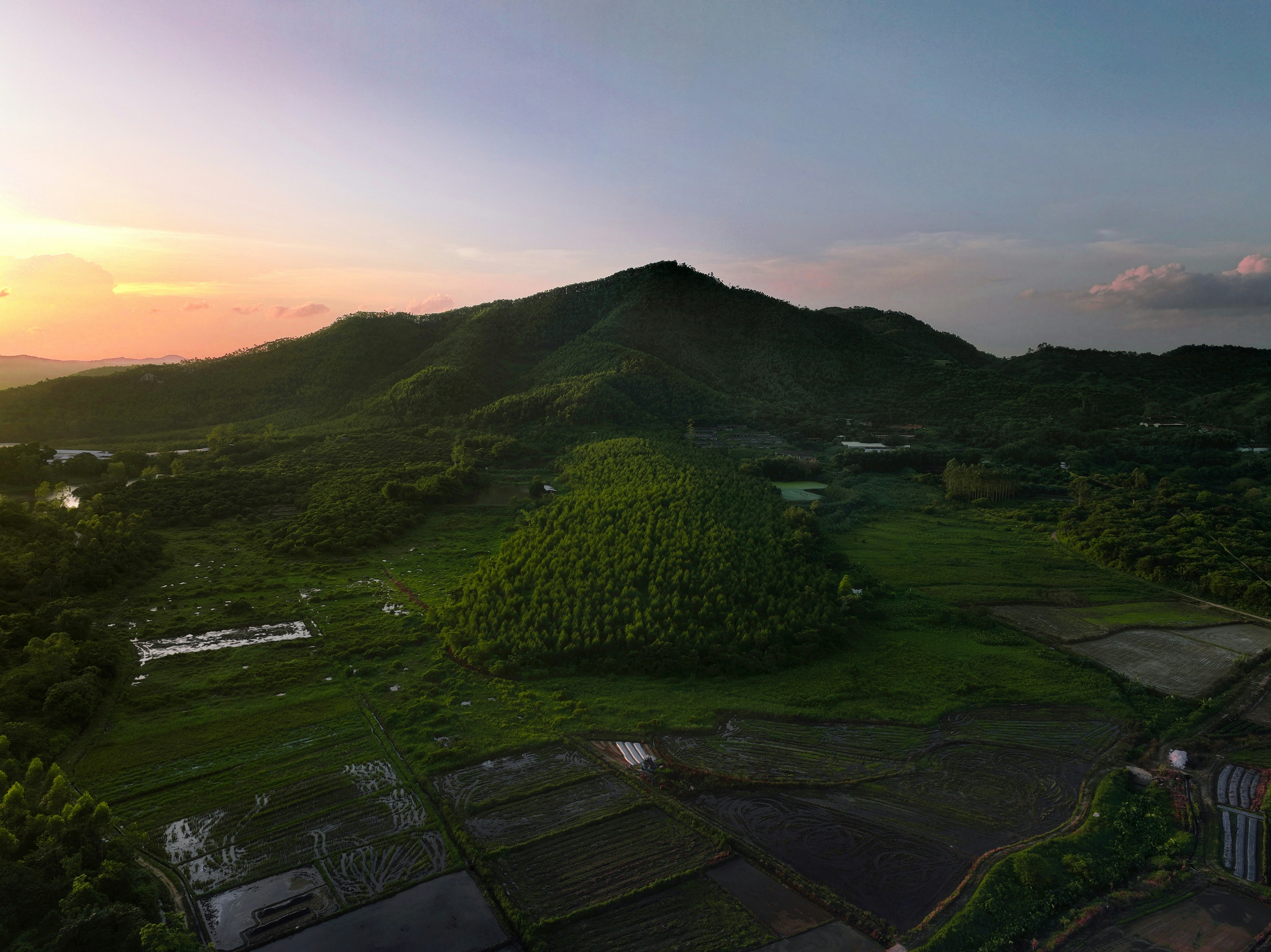 Verdant Summit at Sunset: Aerial Quiet Over Terraced Hills