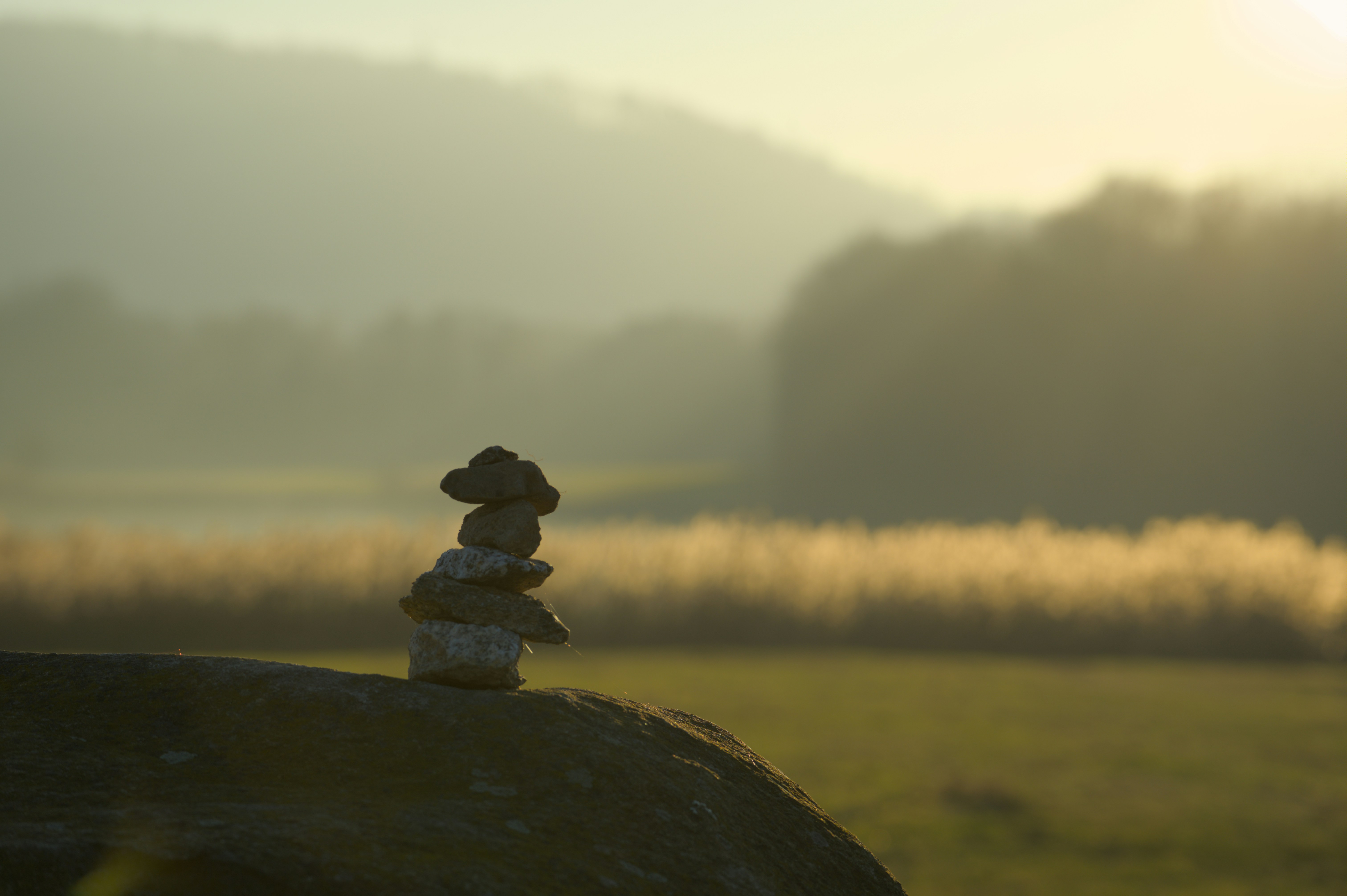 Dawn Balance: A Quiet Stone Stack on a Weathered Log