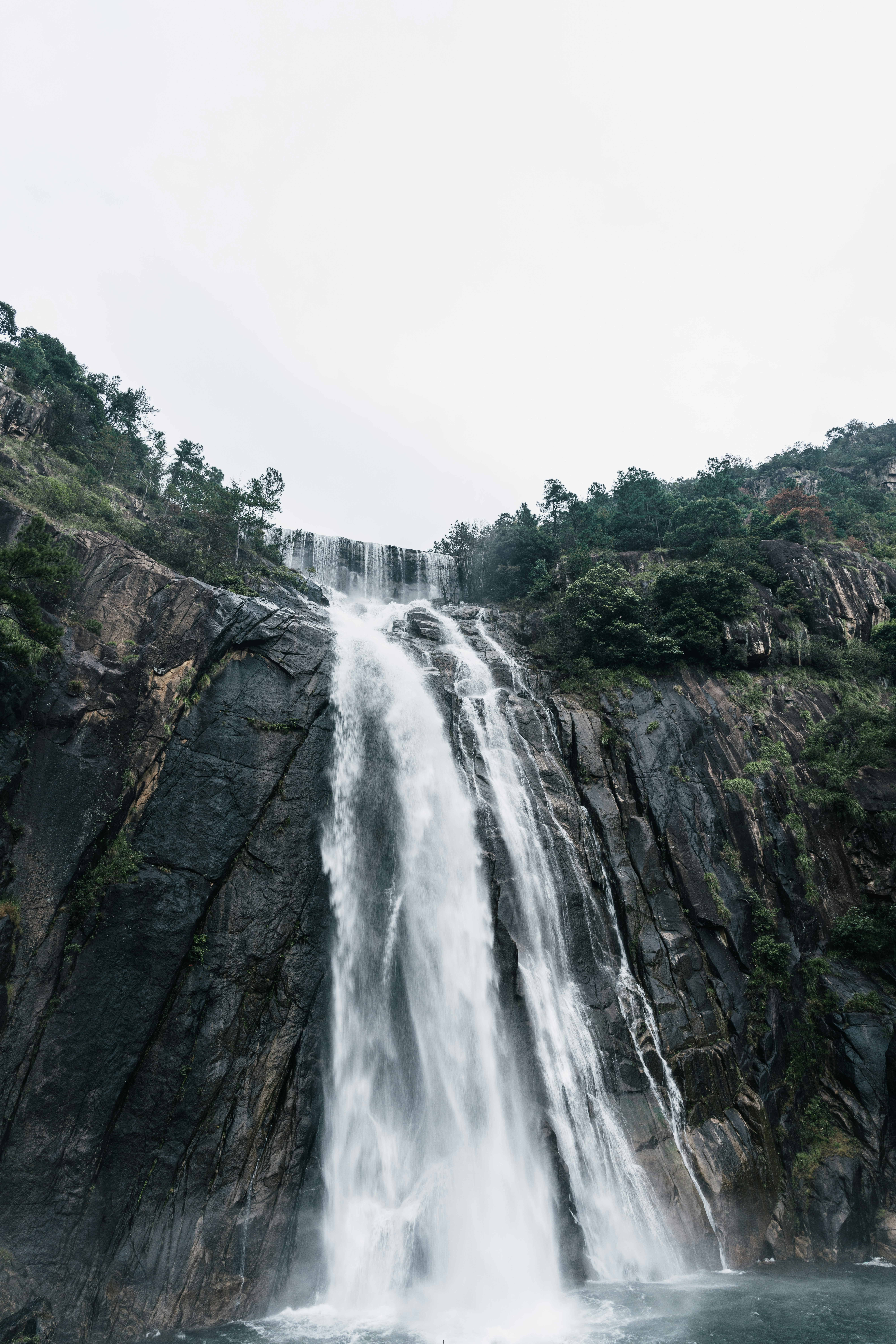 Ribbon of White over Granite: A Waterfall Framed by Pines