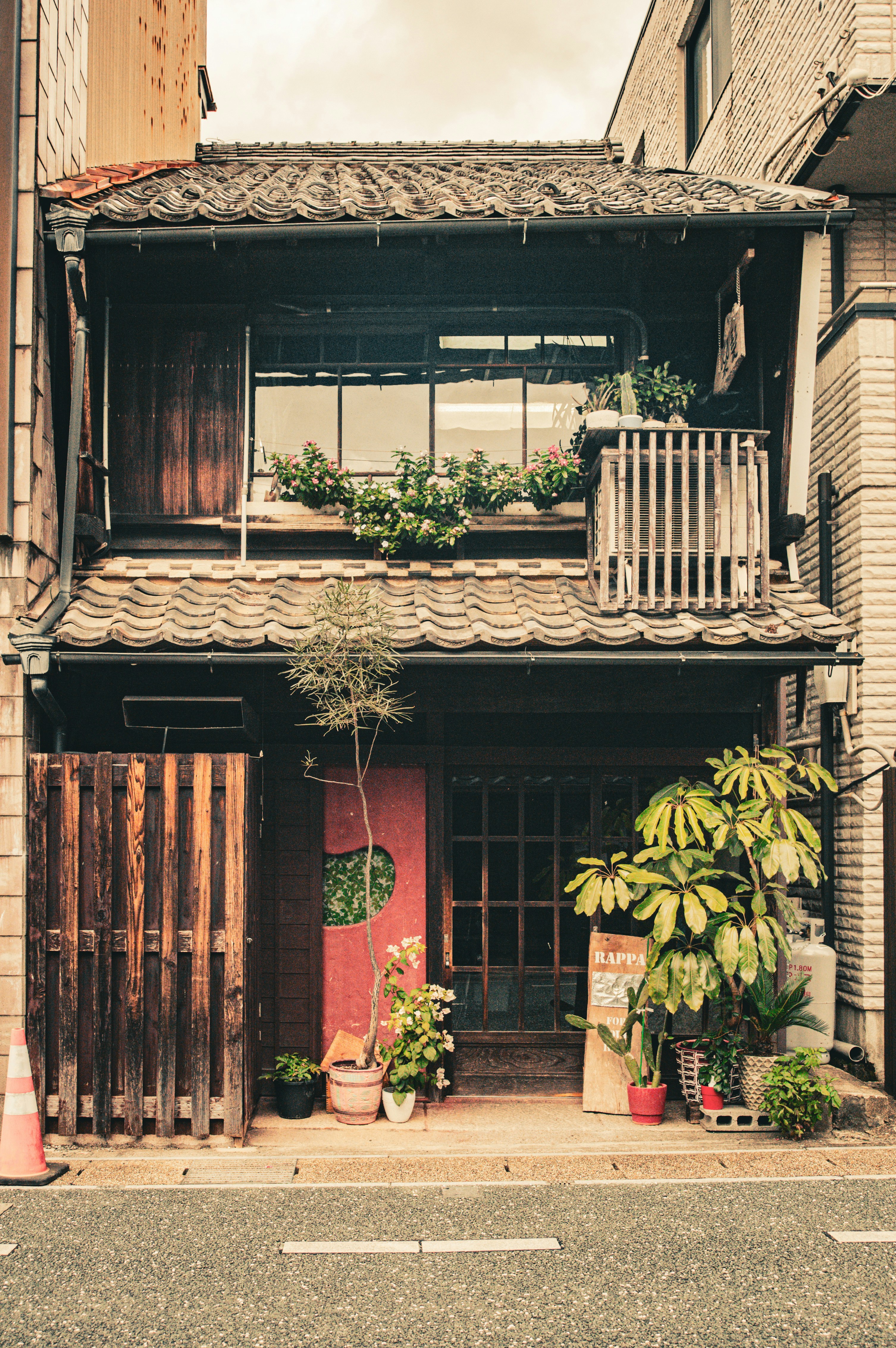 Pink Door and Balcony Garden: An Inner-City Façade in Warm Light
