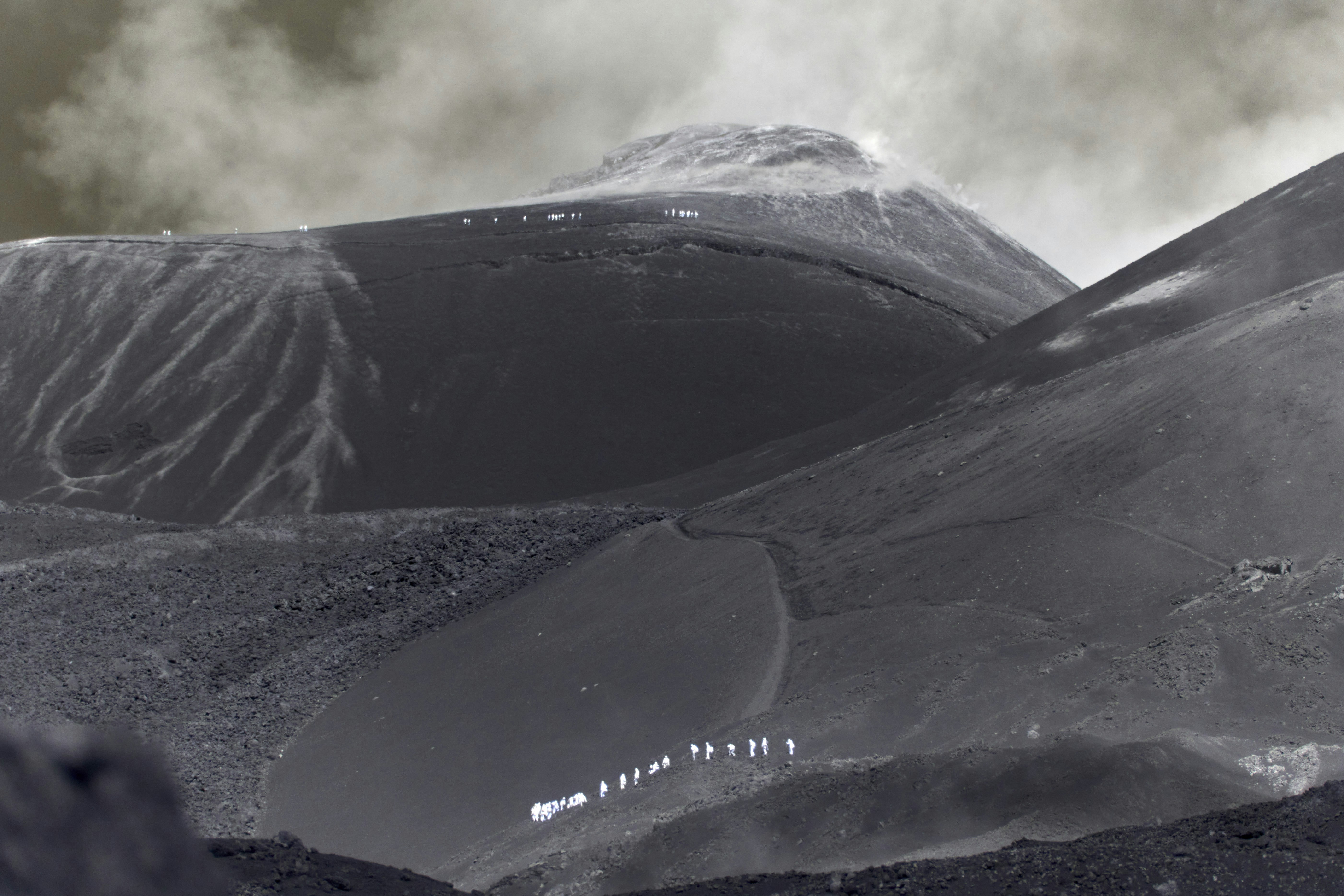 Rim of Steam: Monochrome Descent into a Quiet Volcano