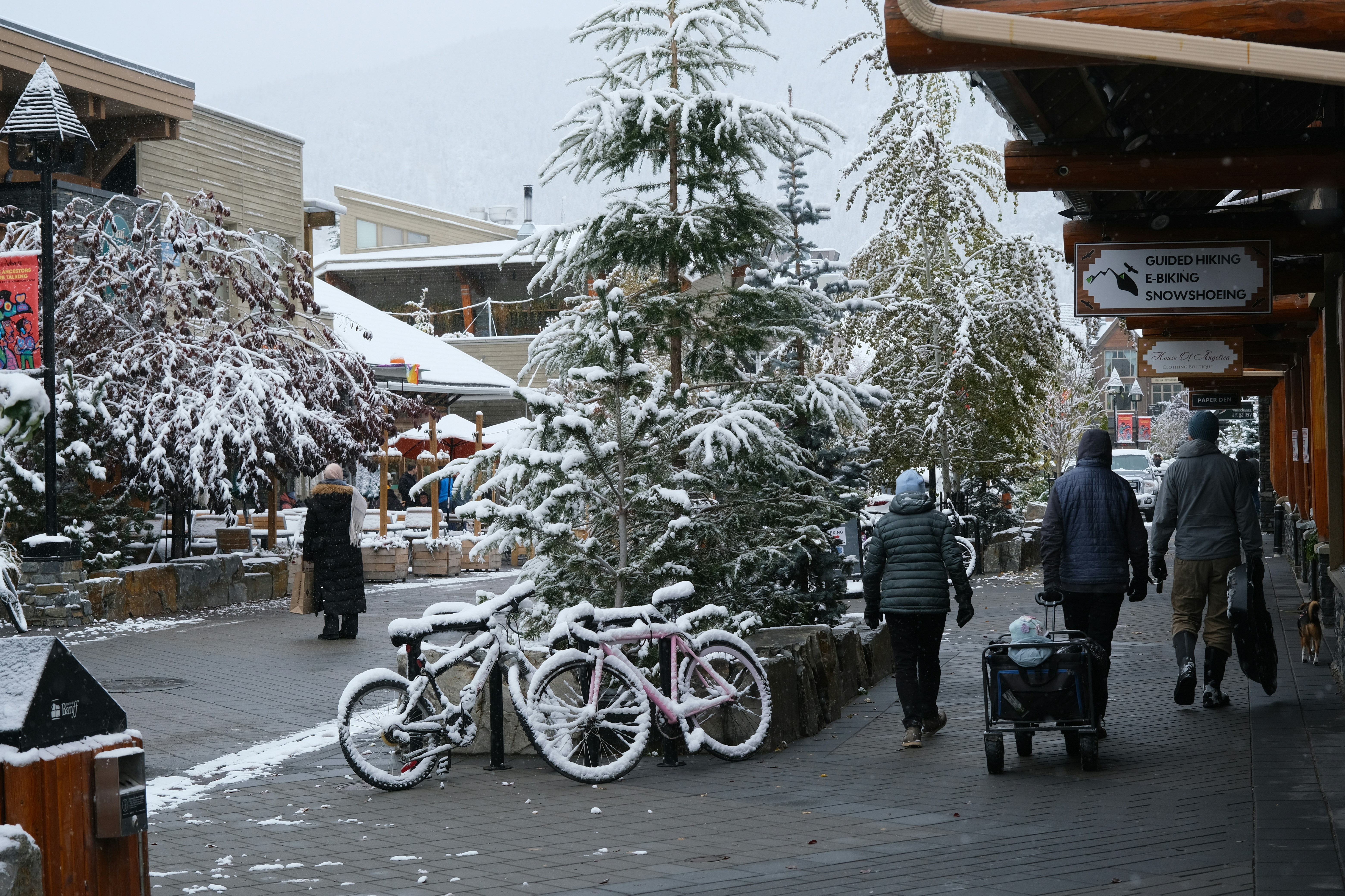 Snow-Dusted Promenade: Bicycles, Pedestrians, and Timber Shops in an Alpine Street