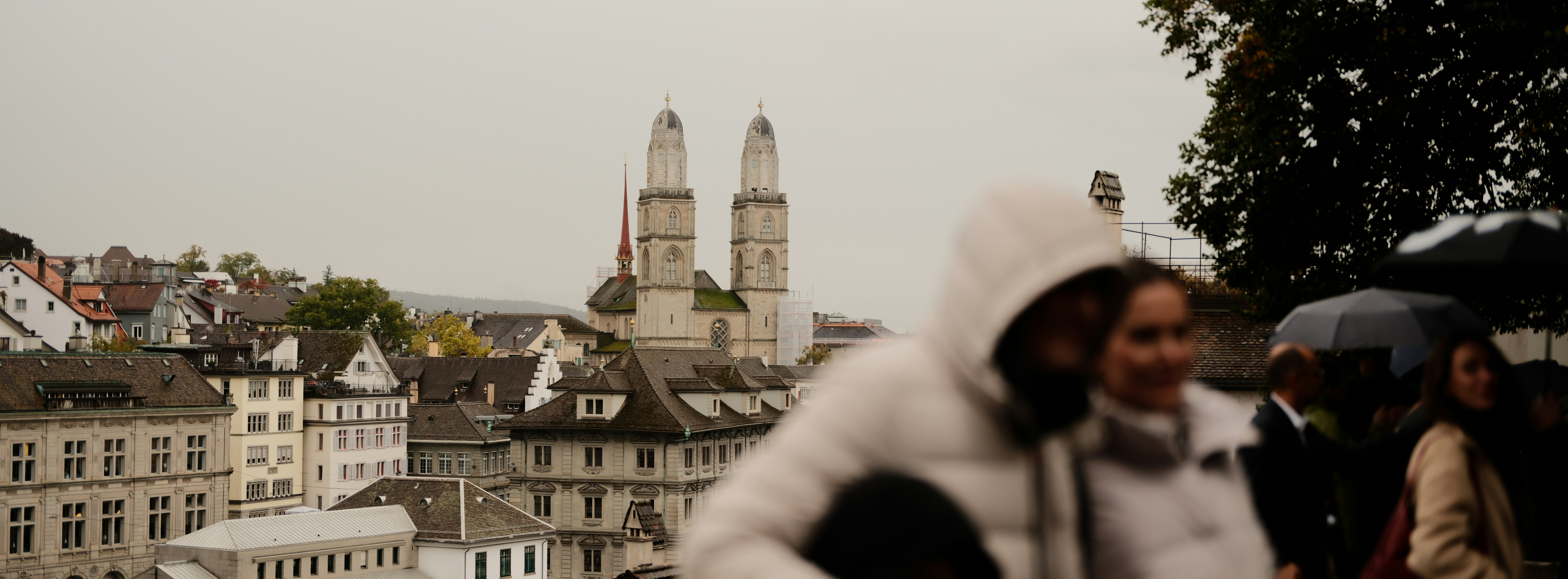 Twin Spires Over a Rain-Washed European Rooftop View