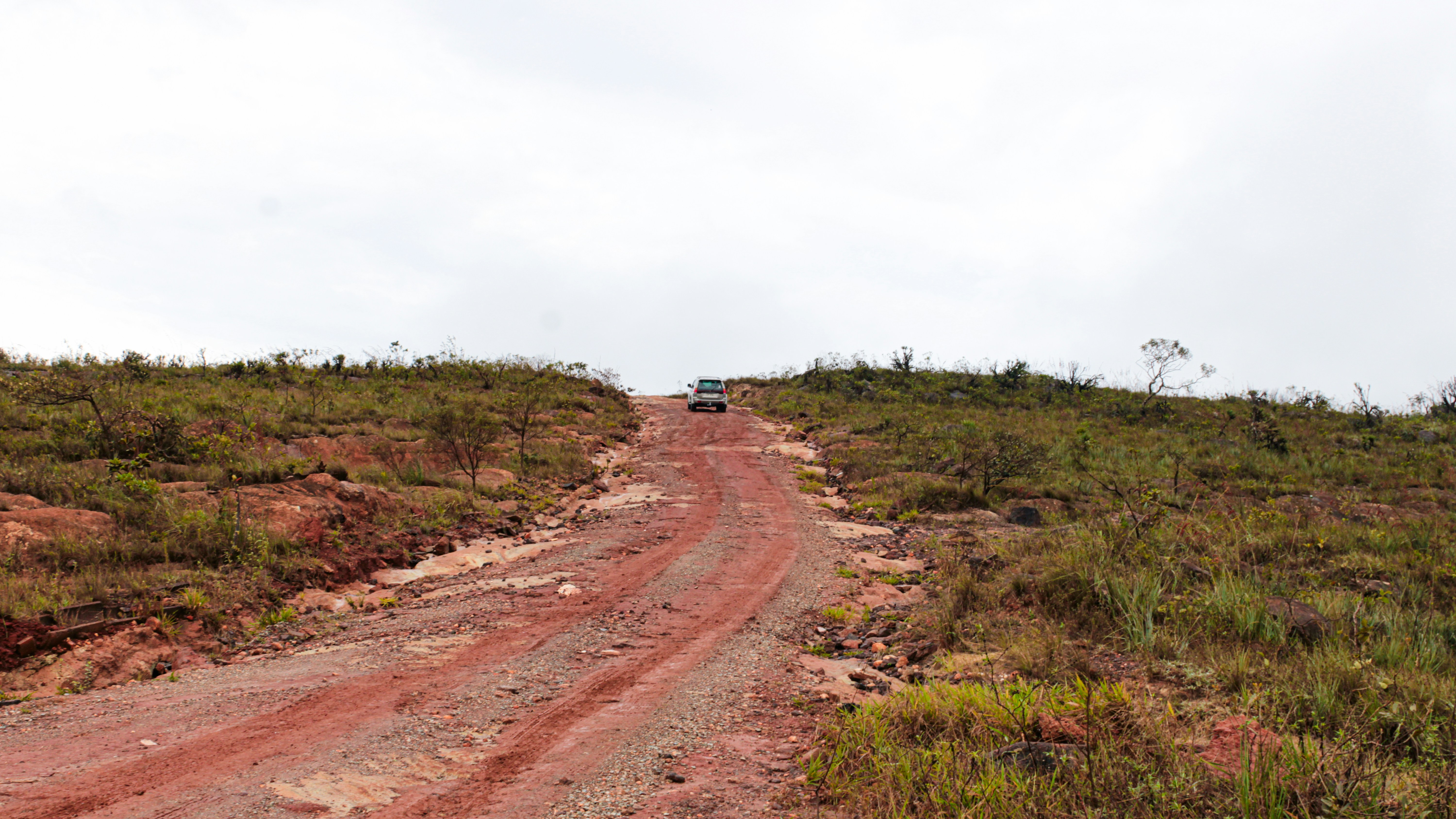 Dust Trail to the Horizon: A Lone SUV on a Red Earth Road