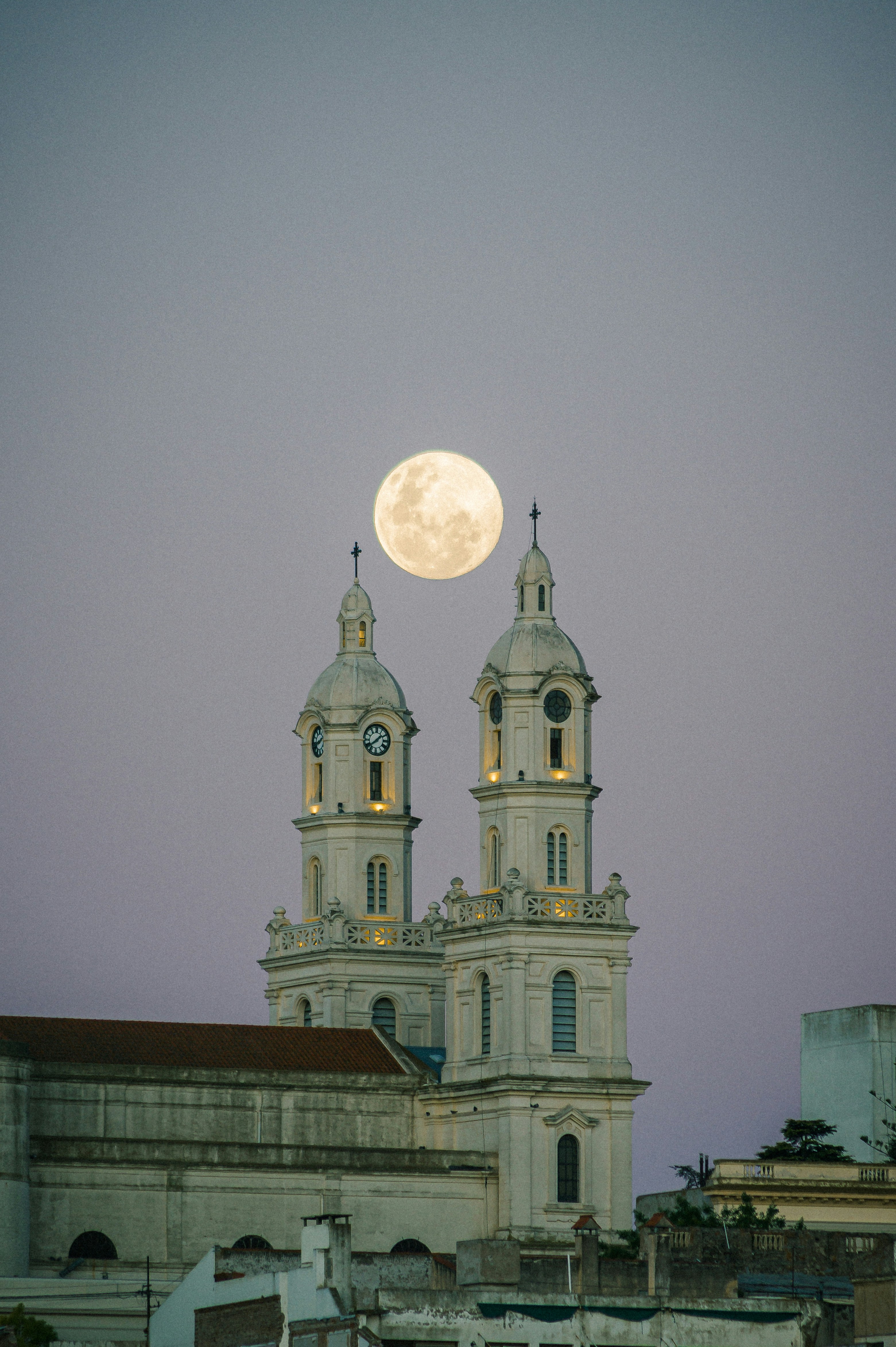 Moonrise Between Twin Spires: Dusk Over a Baroque Church