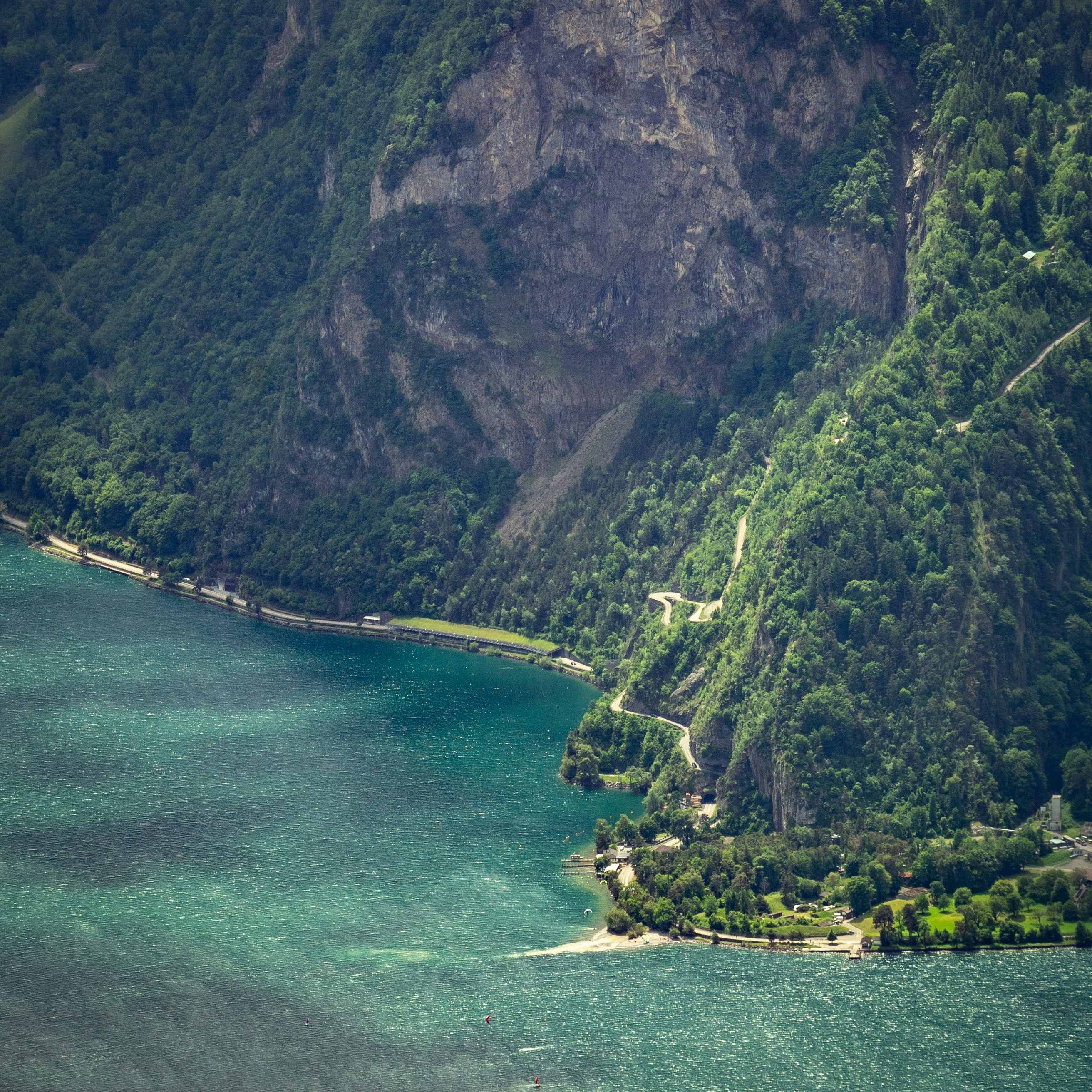 The view towards Bauen from Fronalpstock, looking across Lake Lucerne.