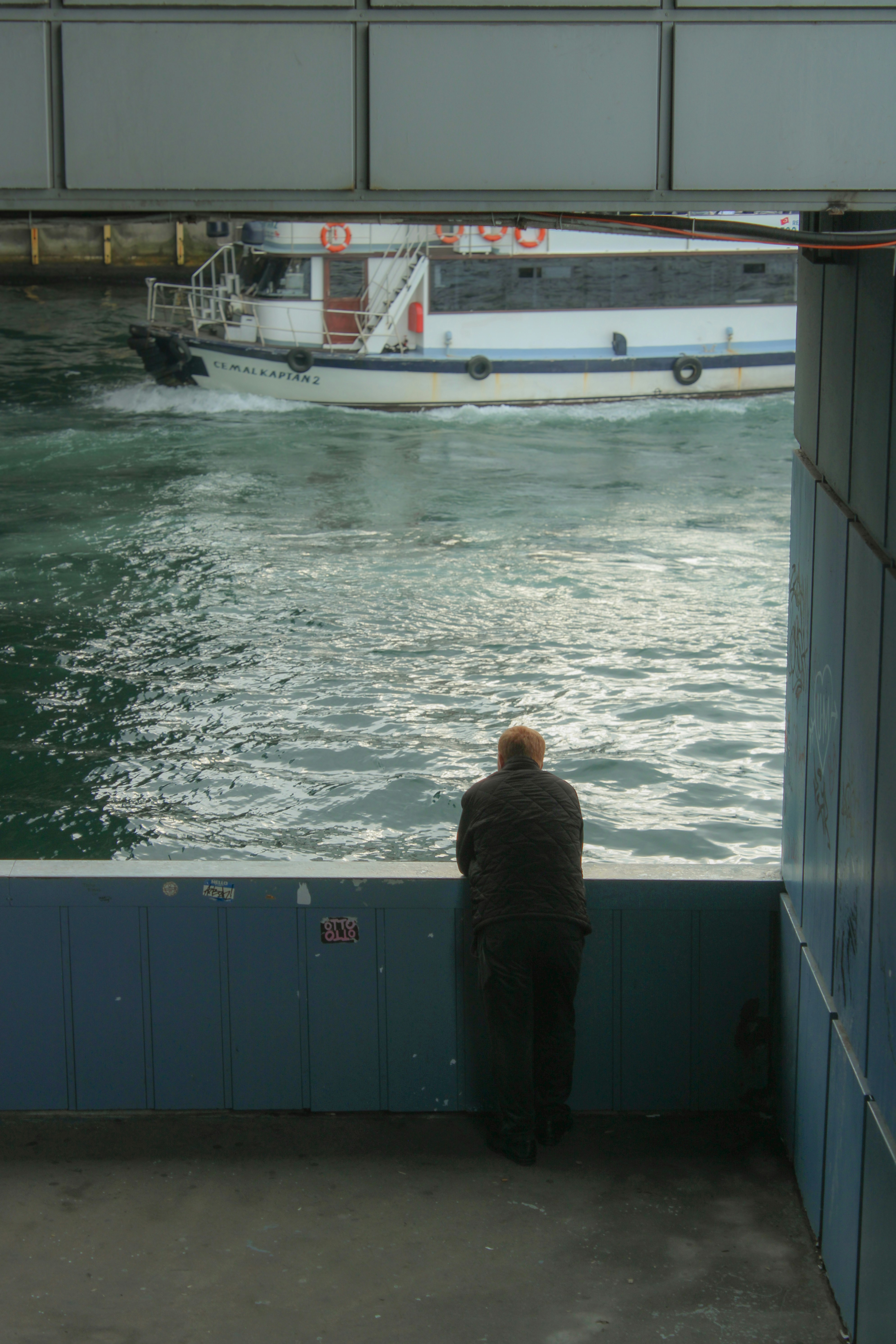 Edge of the Water: A Lone Observer Beneath the Bridge
