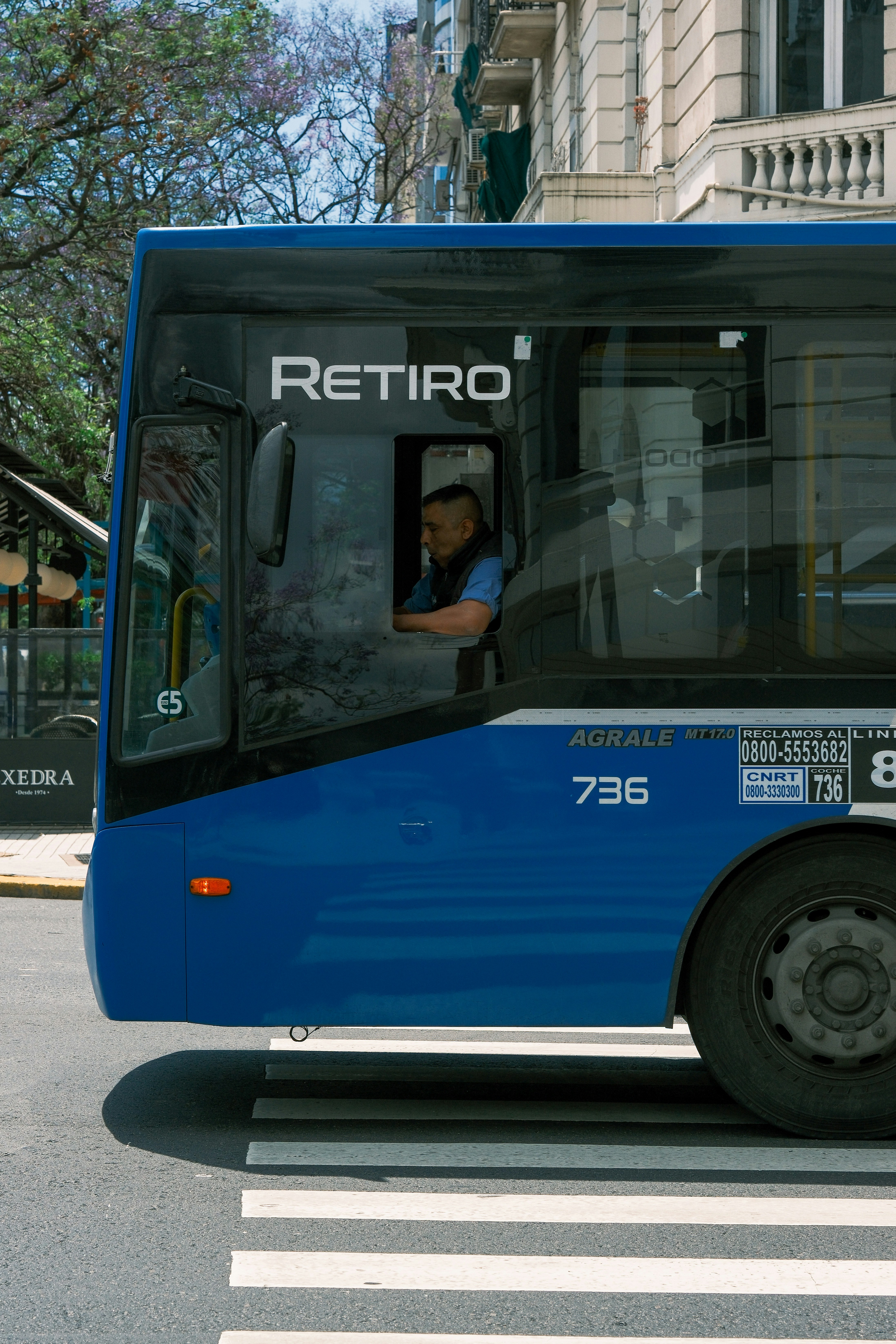 Blue Retiro Bus at a Crosswalk: Urban Transit in Glass and Motion