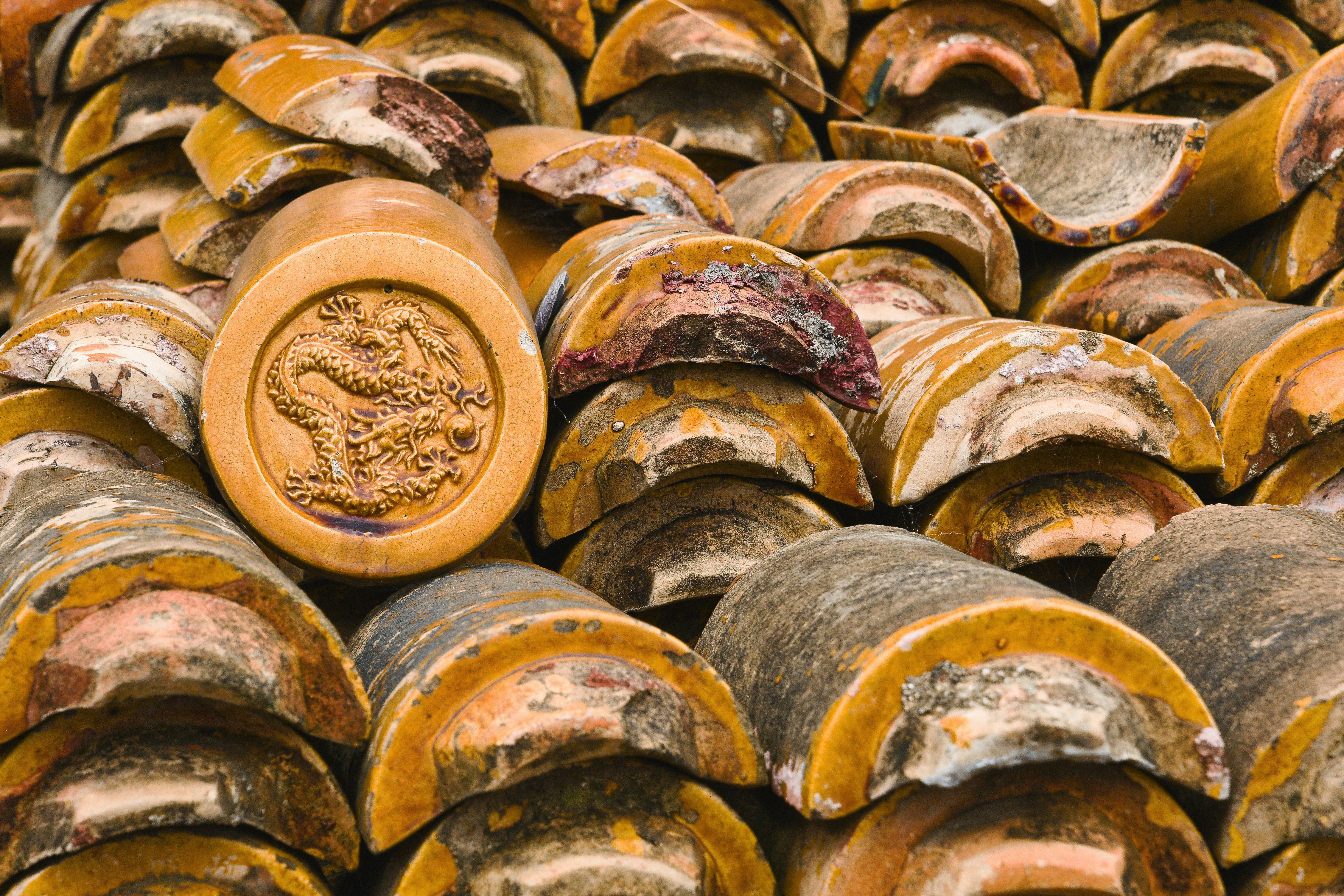 Dragon Crest Among Weathered Circles: A Close-Up of Time-Worn Tiles