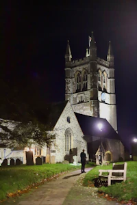Moonlit Belfry: A Night Scene of Stone and Lanterns