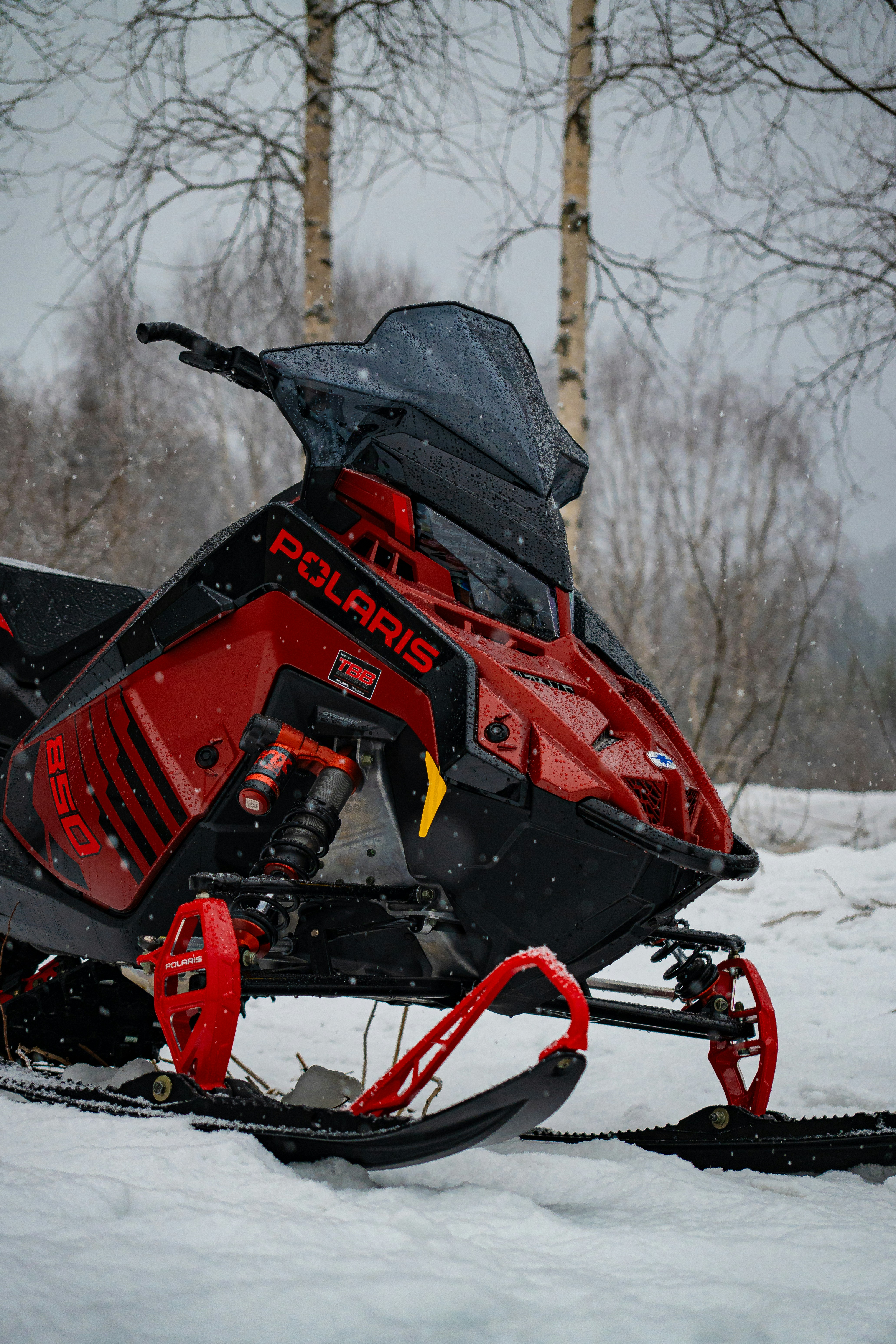 Polaris Storm: A Red Snowmobile Anchored in Winter Silence