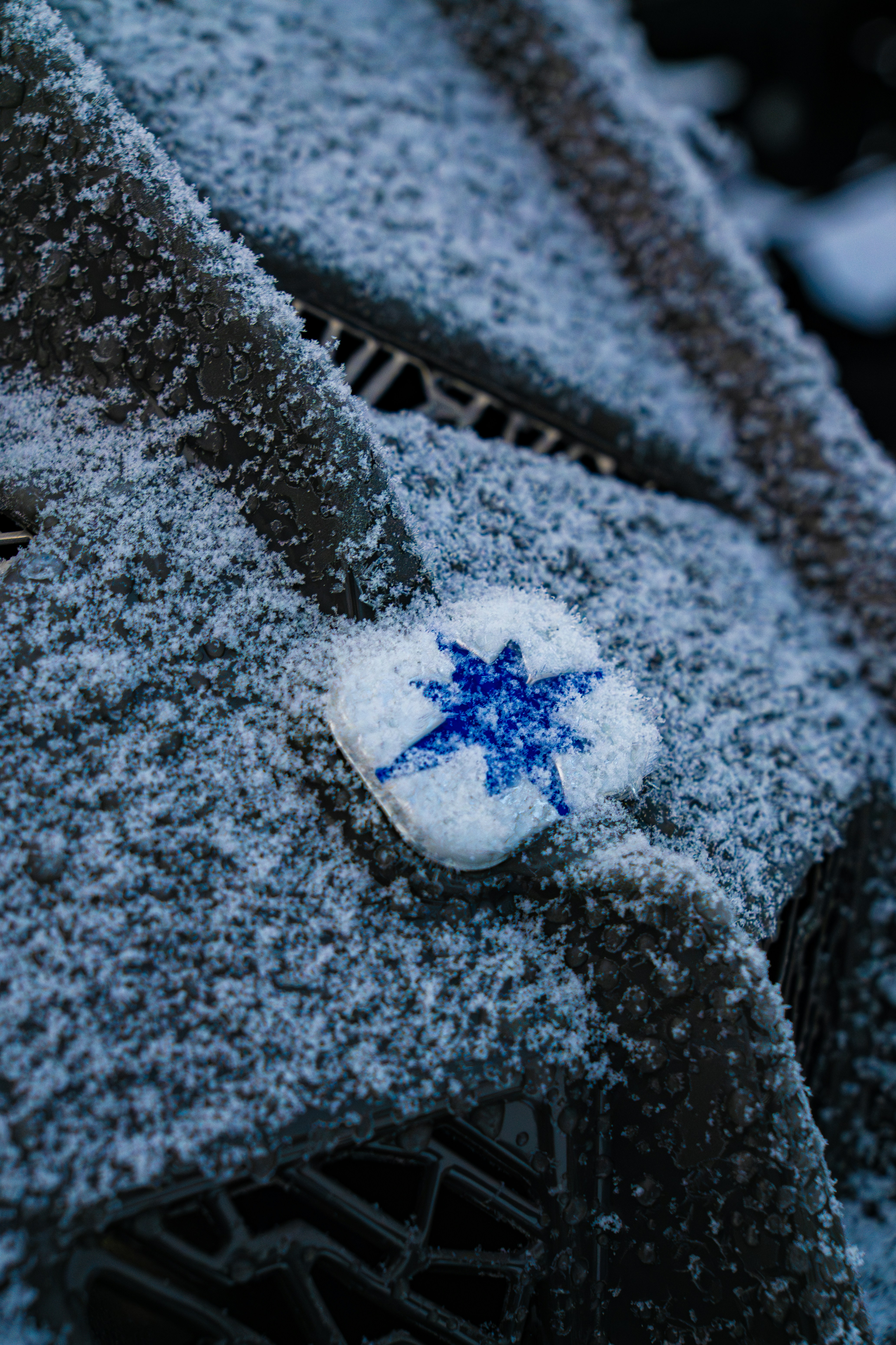 Blue Star Emerges From Winter Frost on a Car Grille Emblem