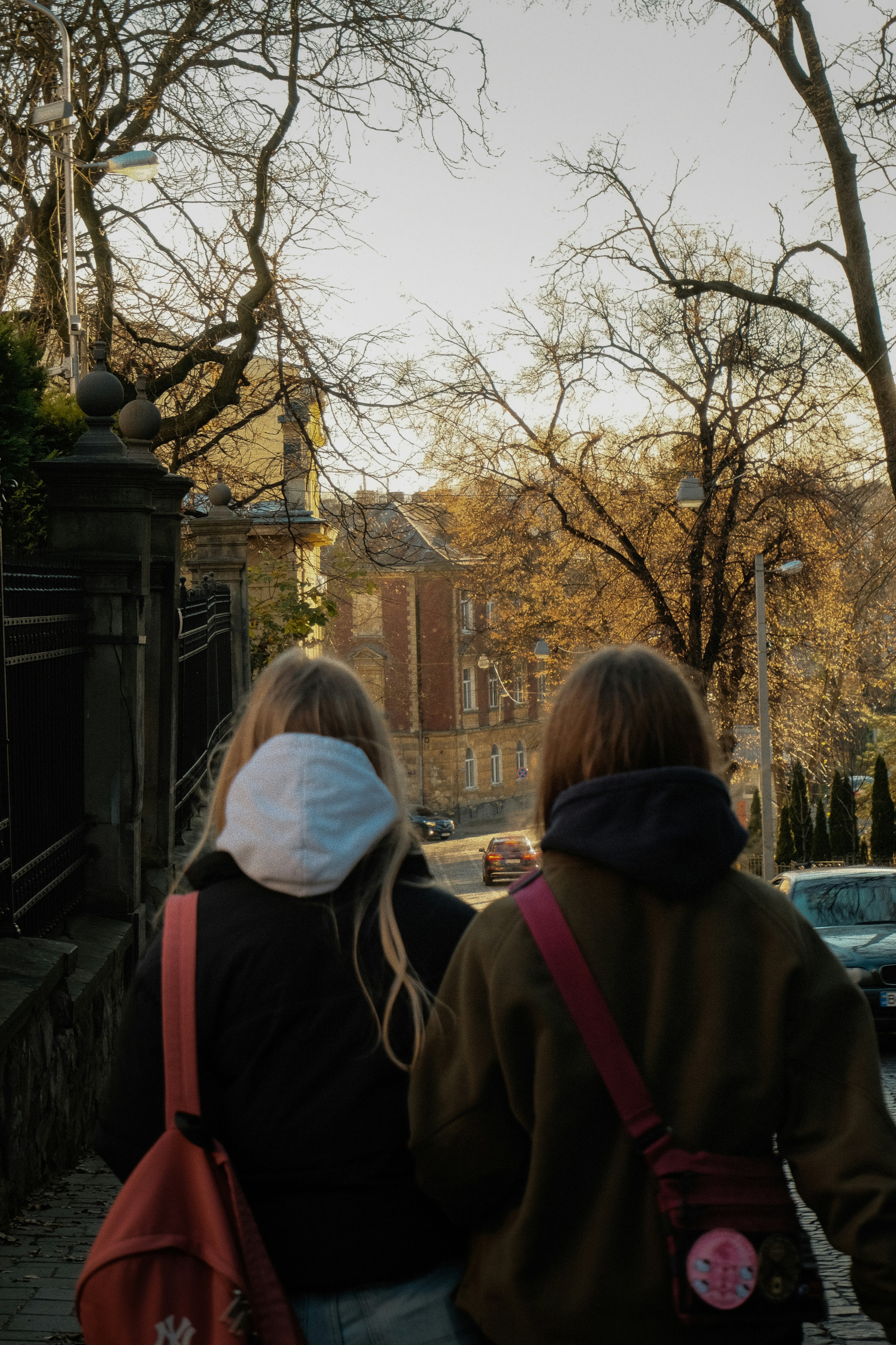 Golden Hour on a City Lane: Two Friends in Autumn Light