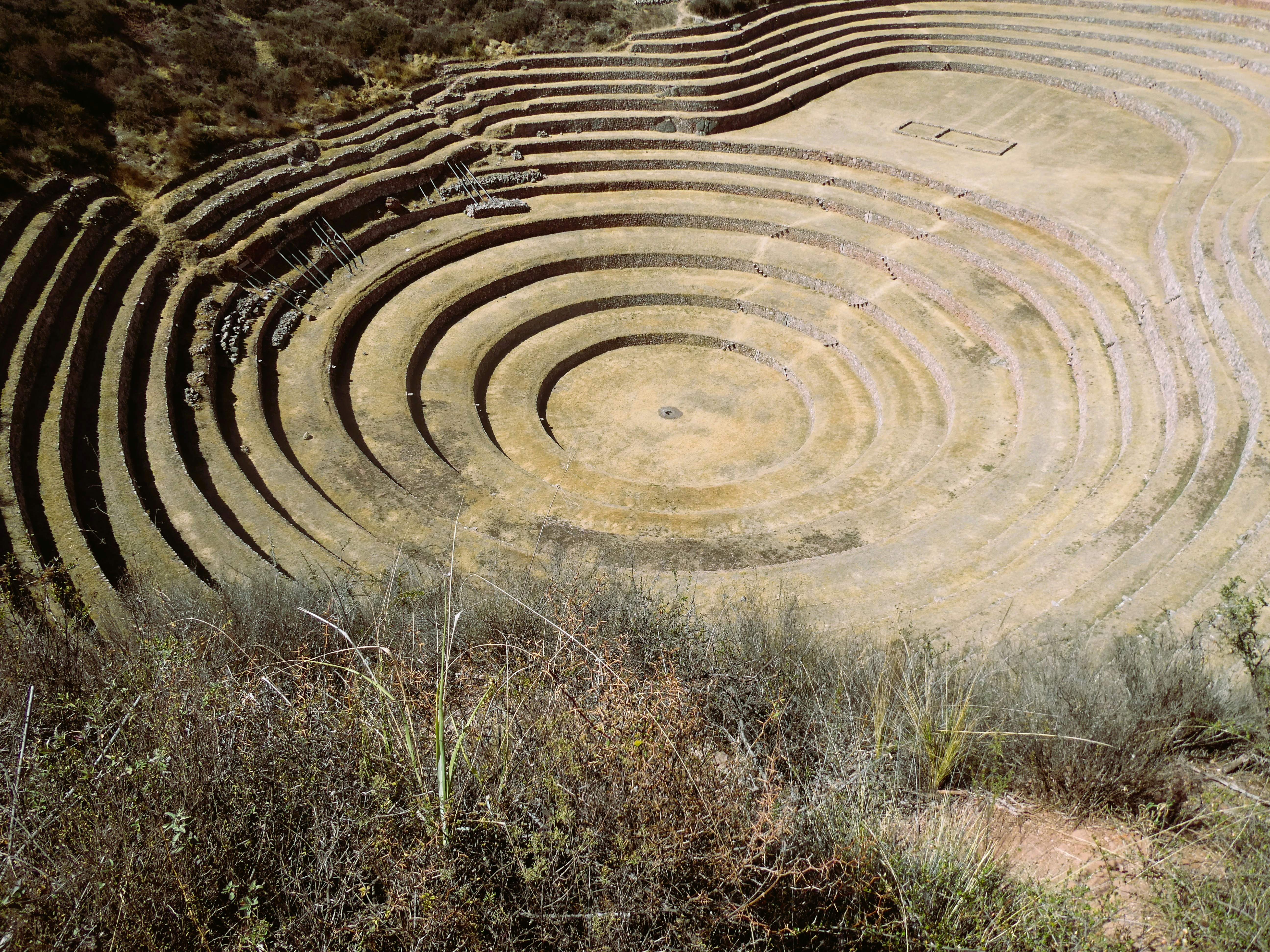 Inca ruins of Moray, circular terraces, ongoing repairs to collapsed terraces due to erosion