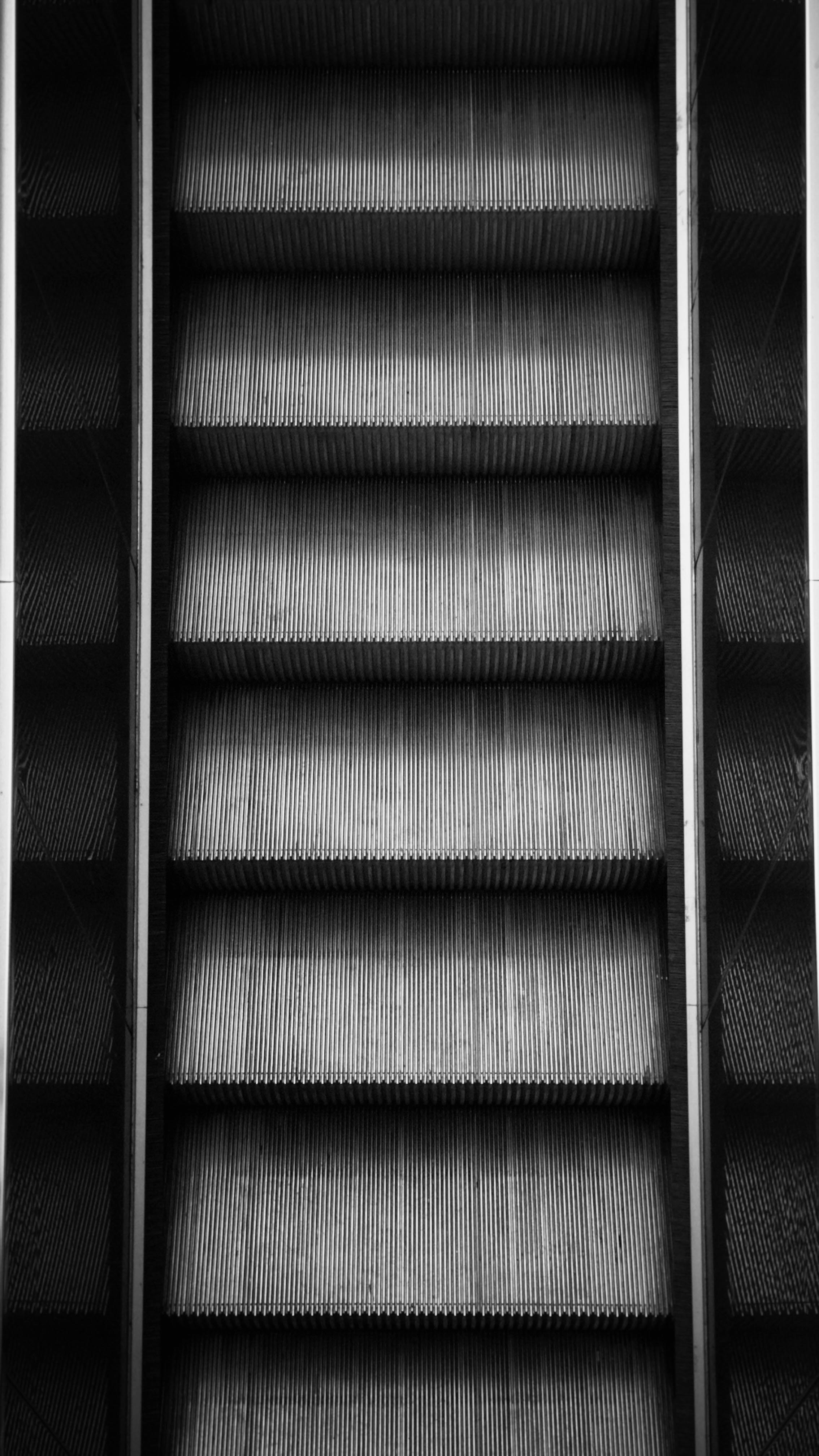 Monochrome Ribs: A Vertical Portrait of Escalator Geometry