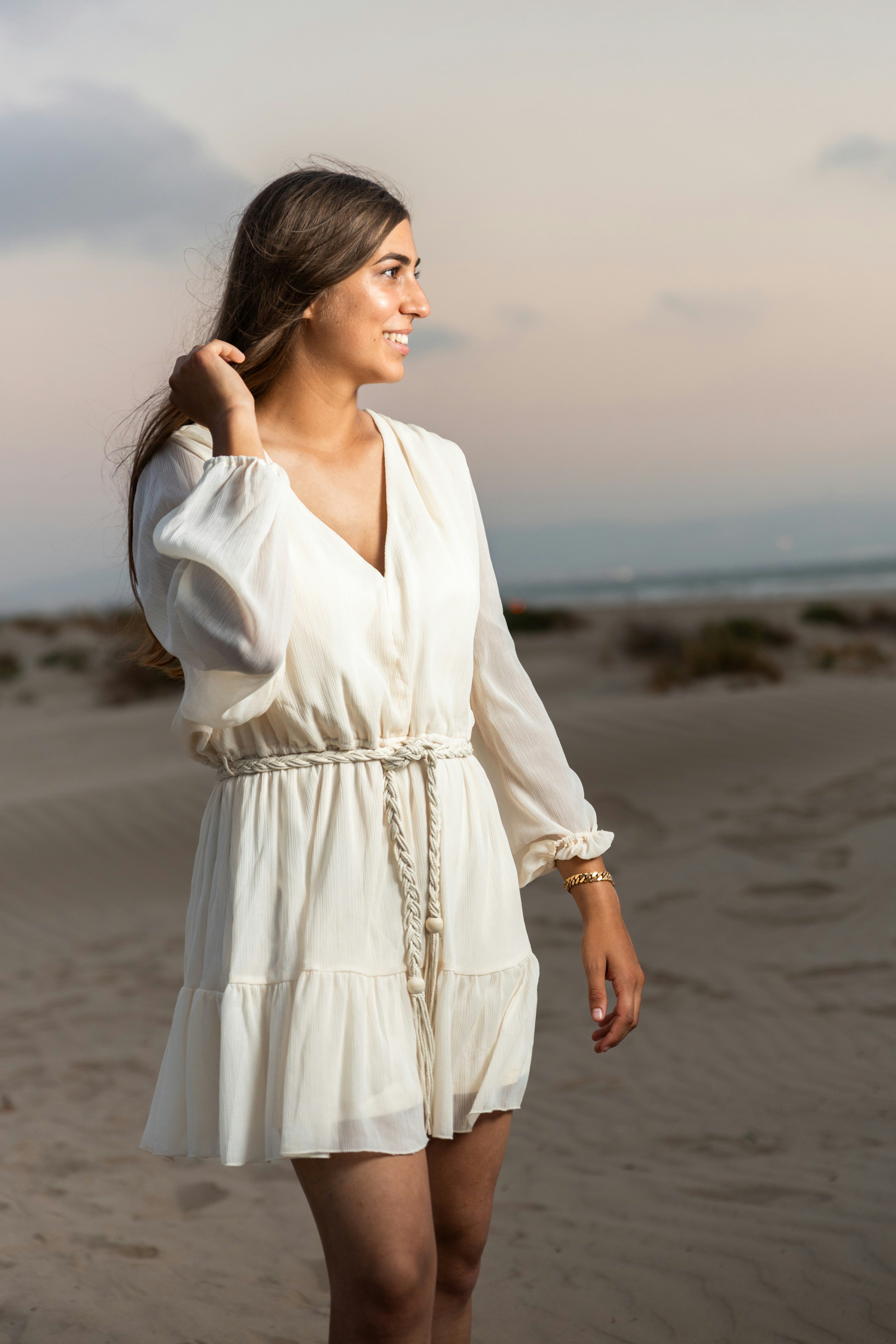 Dune-Side Grace: Portrait in White at Sunset