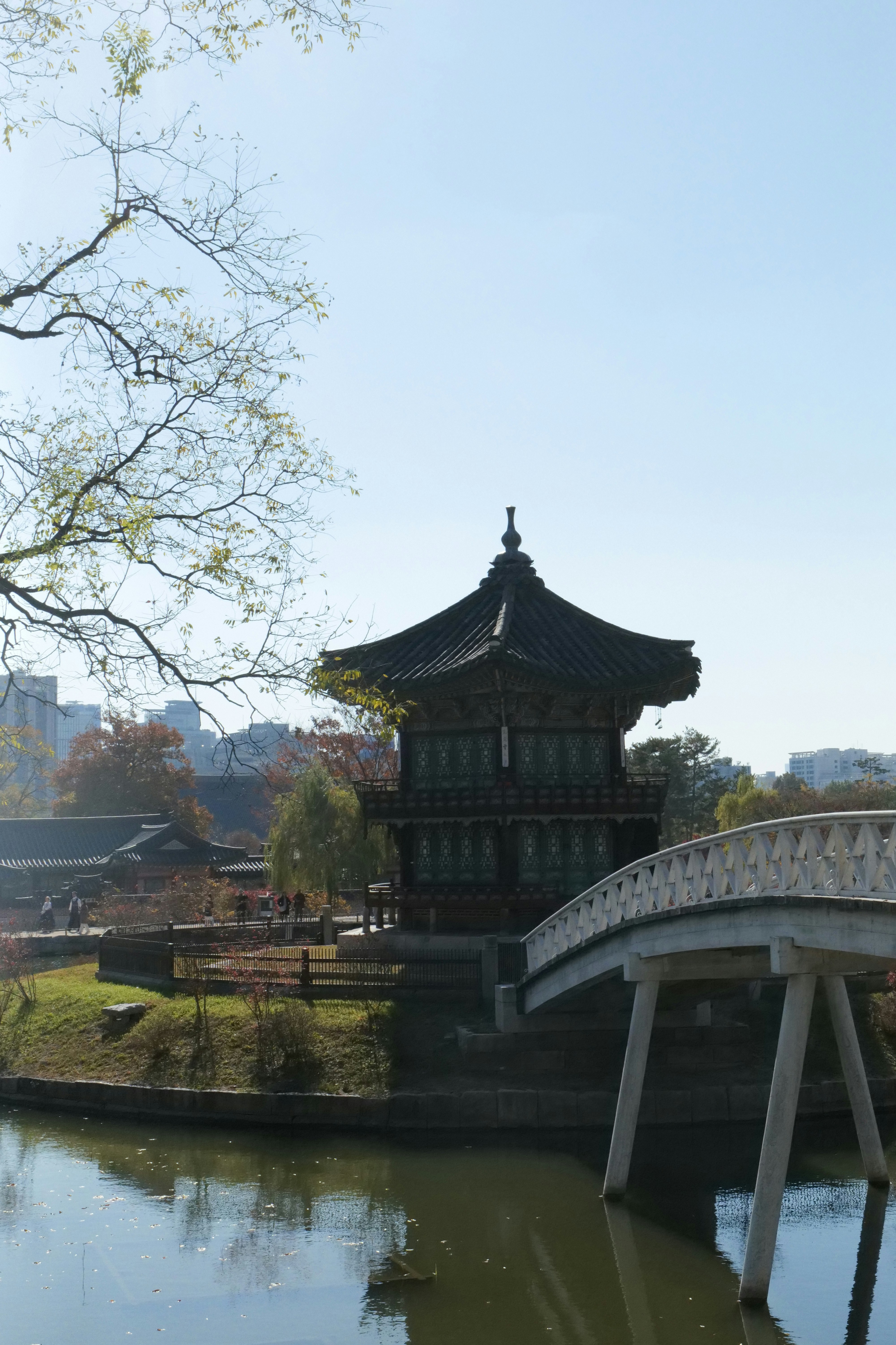 Timber Pagoda Framed by an Arc Bridge Over a Serene Pond