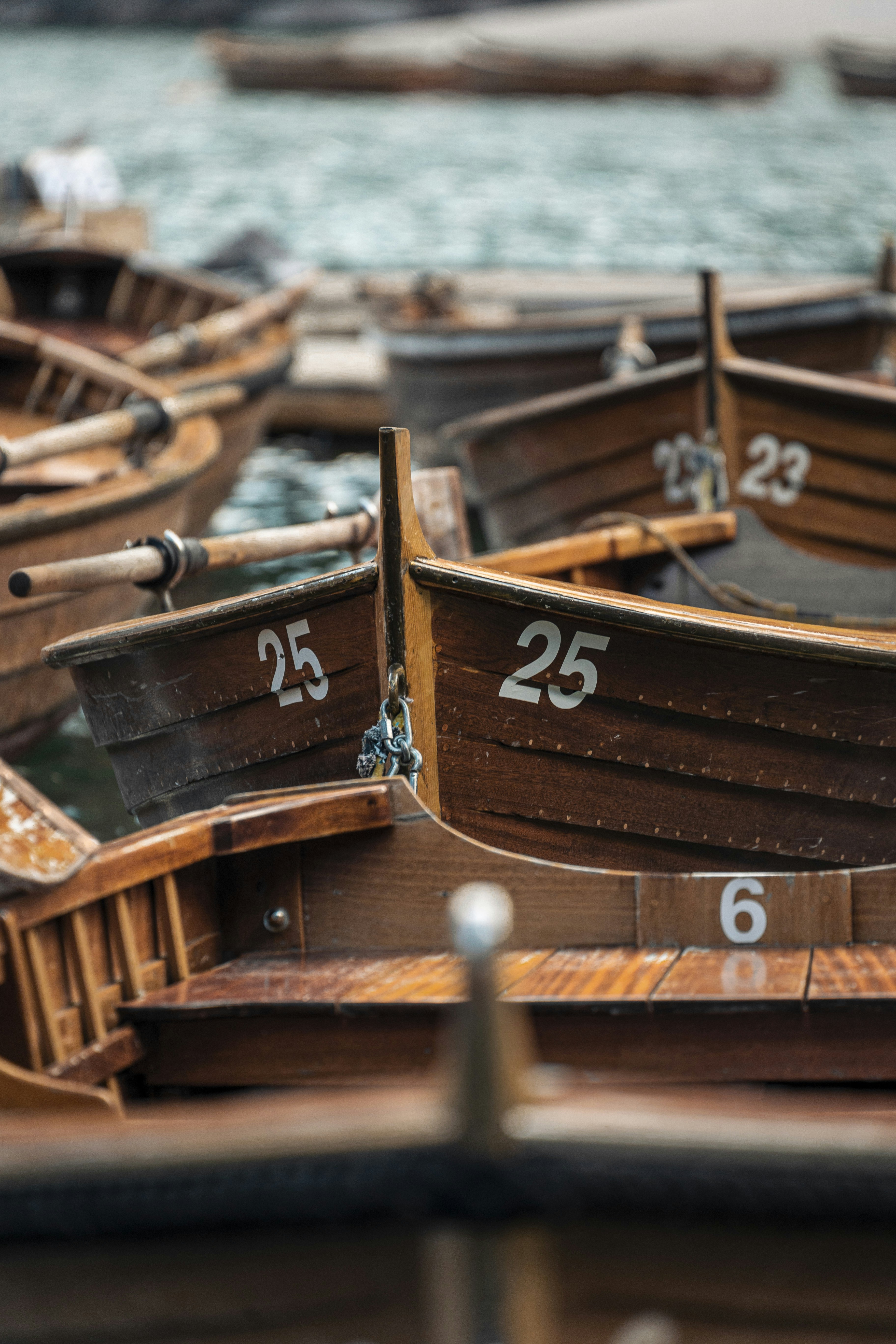 Numerical Bows: A Quiet Parade of Wooden Boats in the Marina