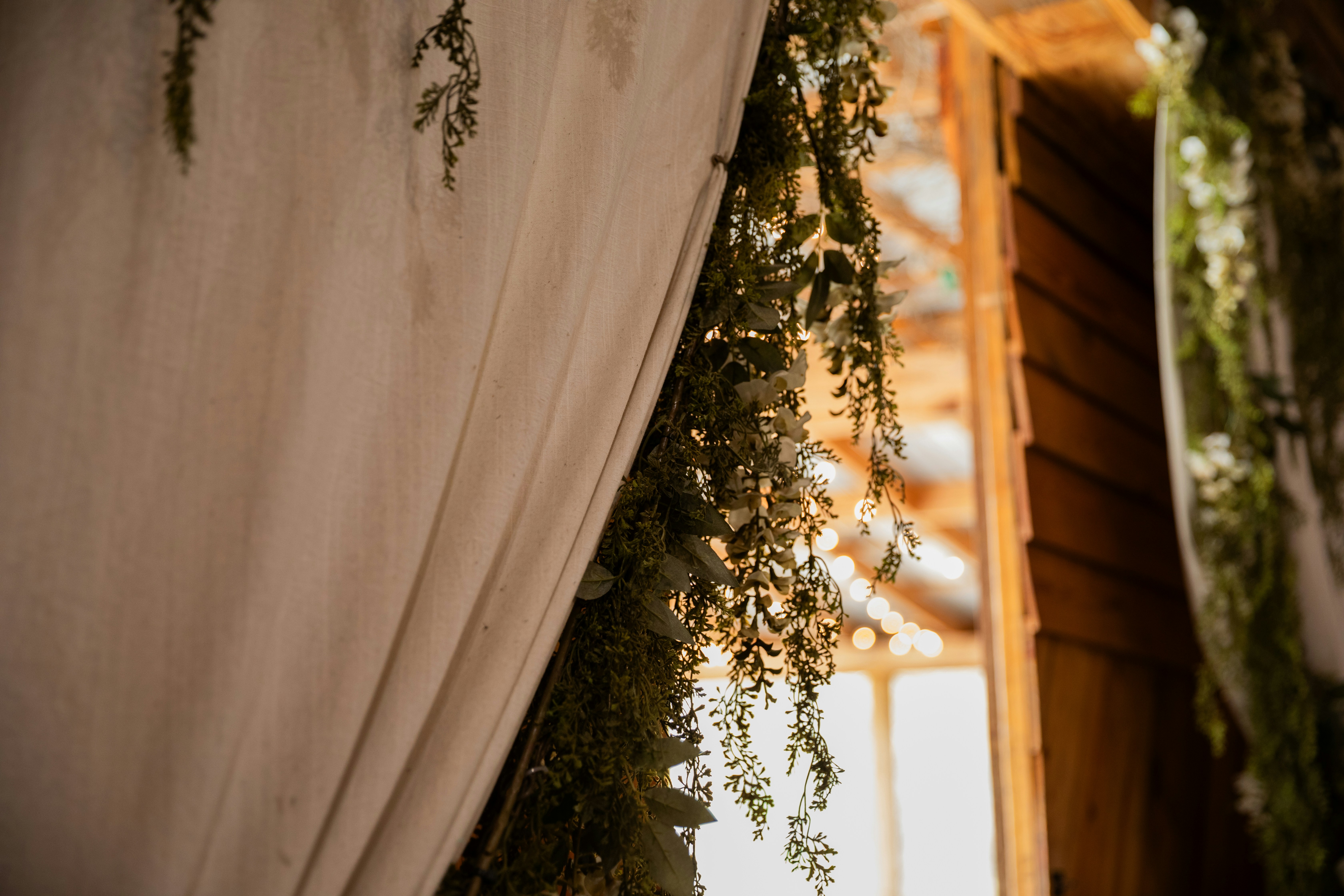 Draped Linen Framing a Warm Interior Gateway with Ferns