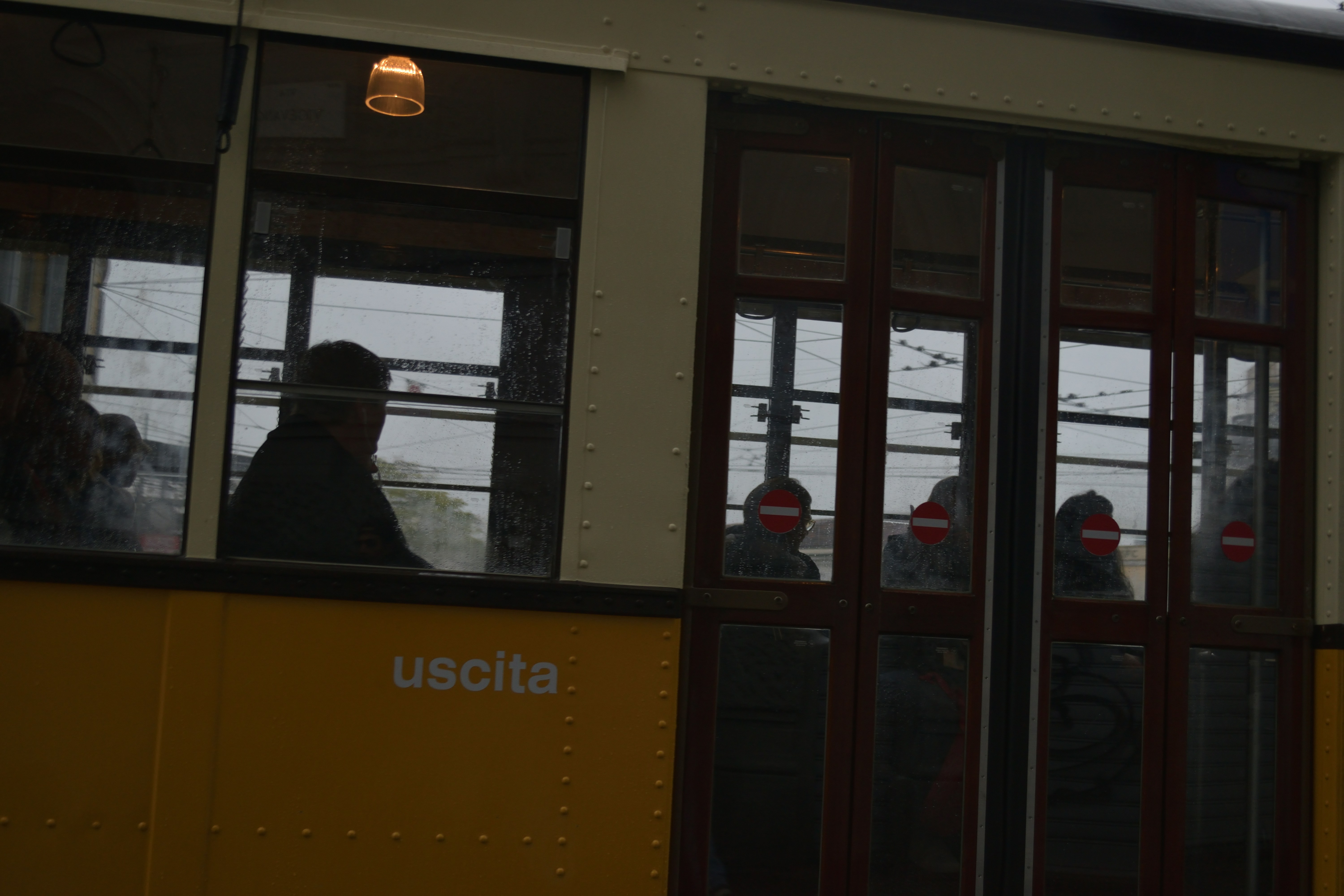 Muted Light Through Glass: Exit Panel and Passenger Silhouettes in a Train Car