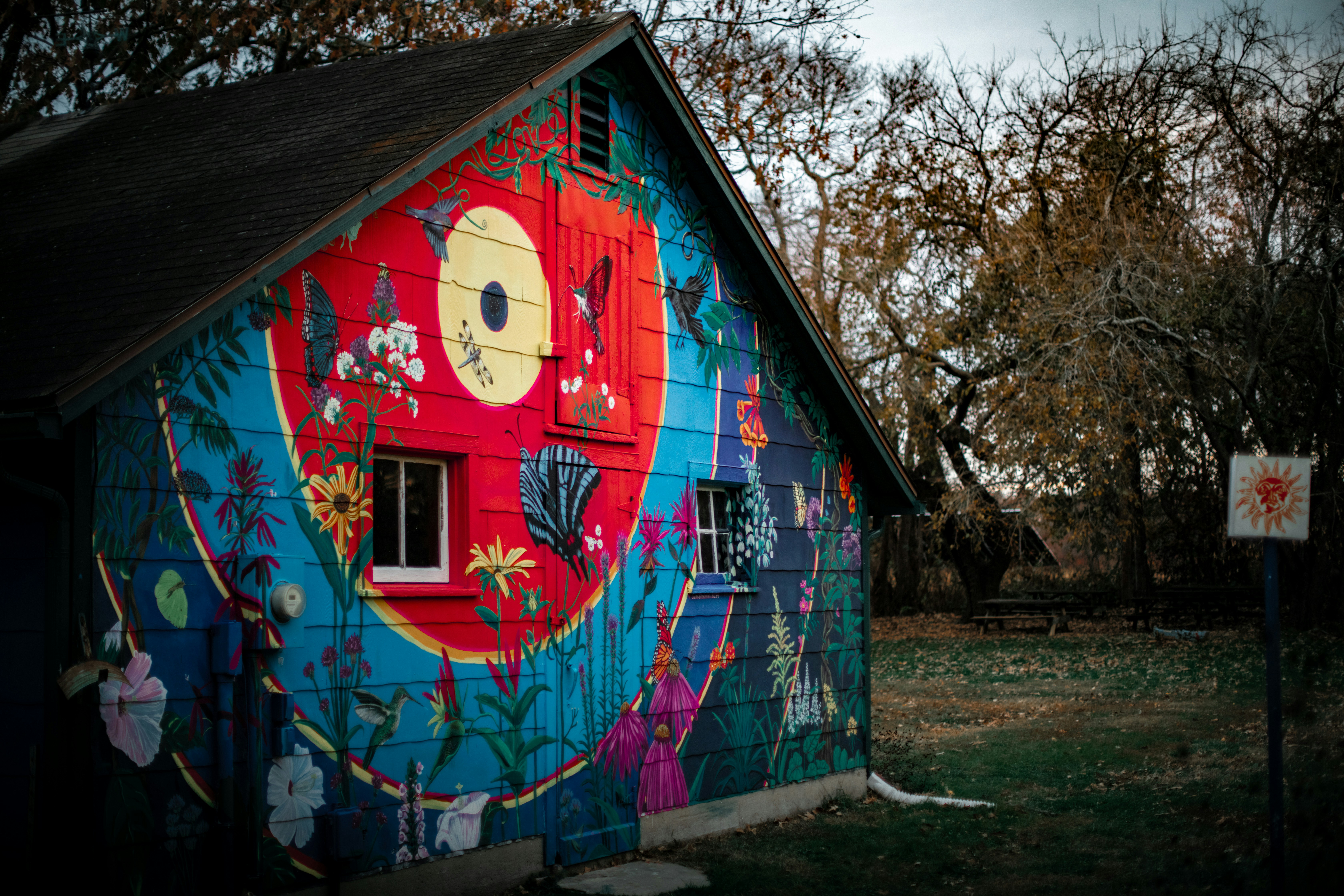 Circled Sun on a Vibrant Cottage Wall