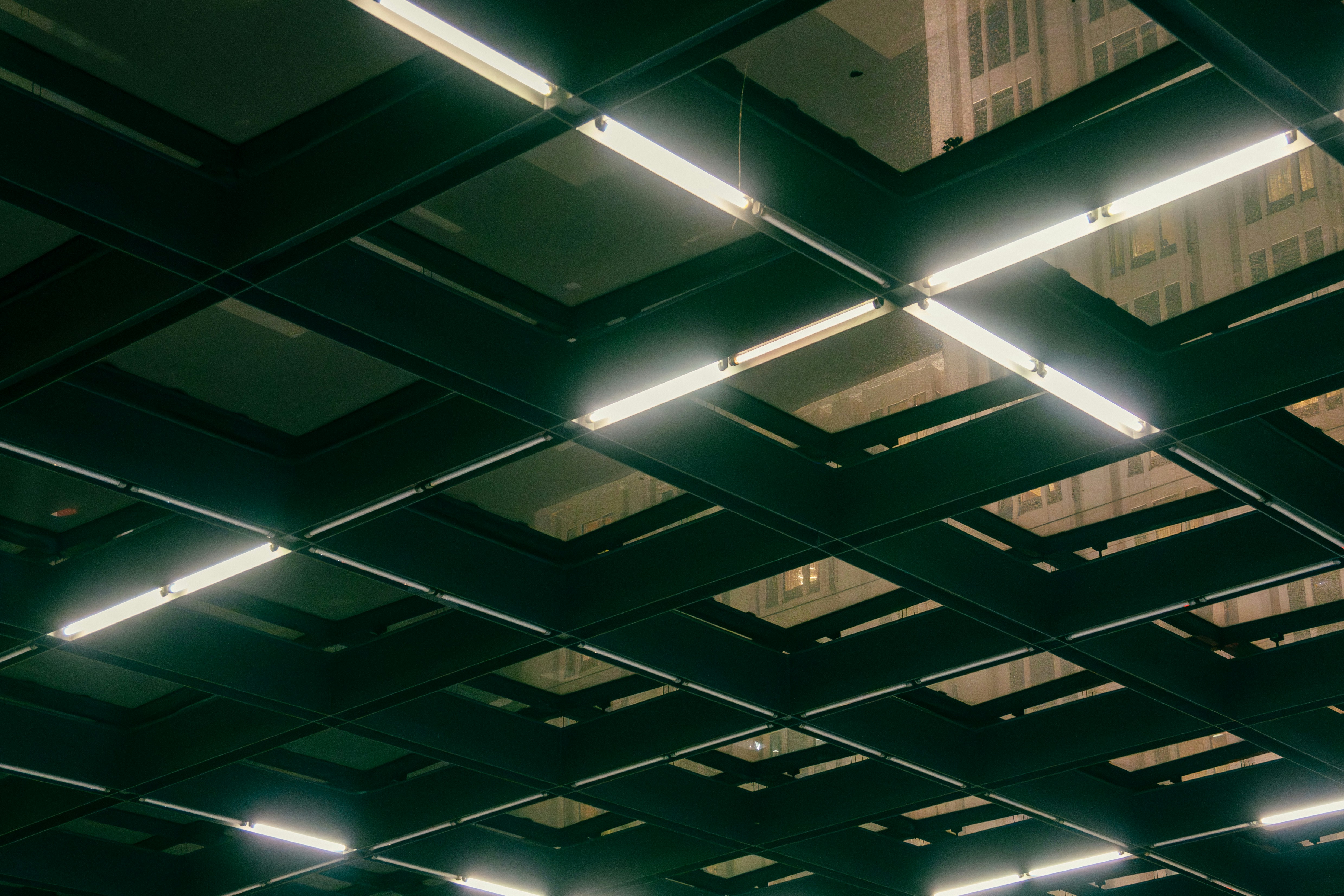 Emerald Grid of Light: Neon Lattices Over a Glass Ceiling