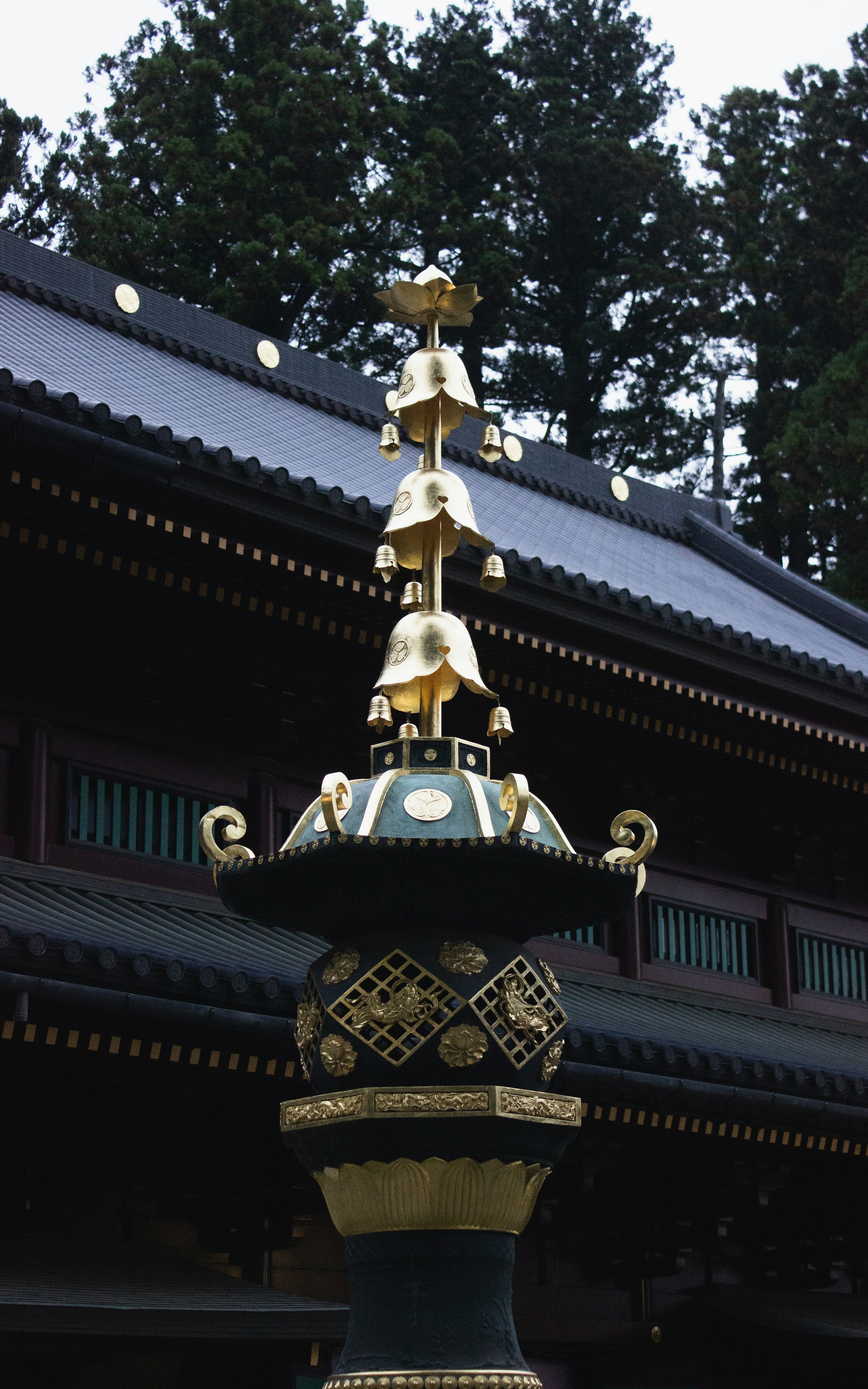 Golden Spire Rising Over a Timbered Temple Roof