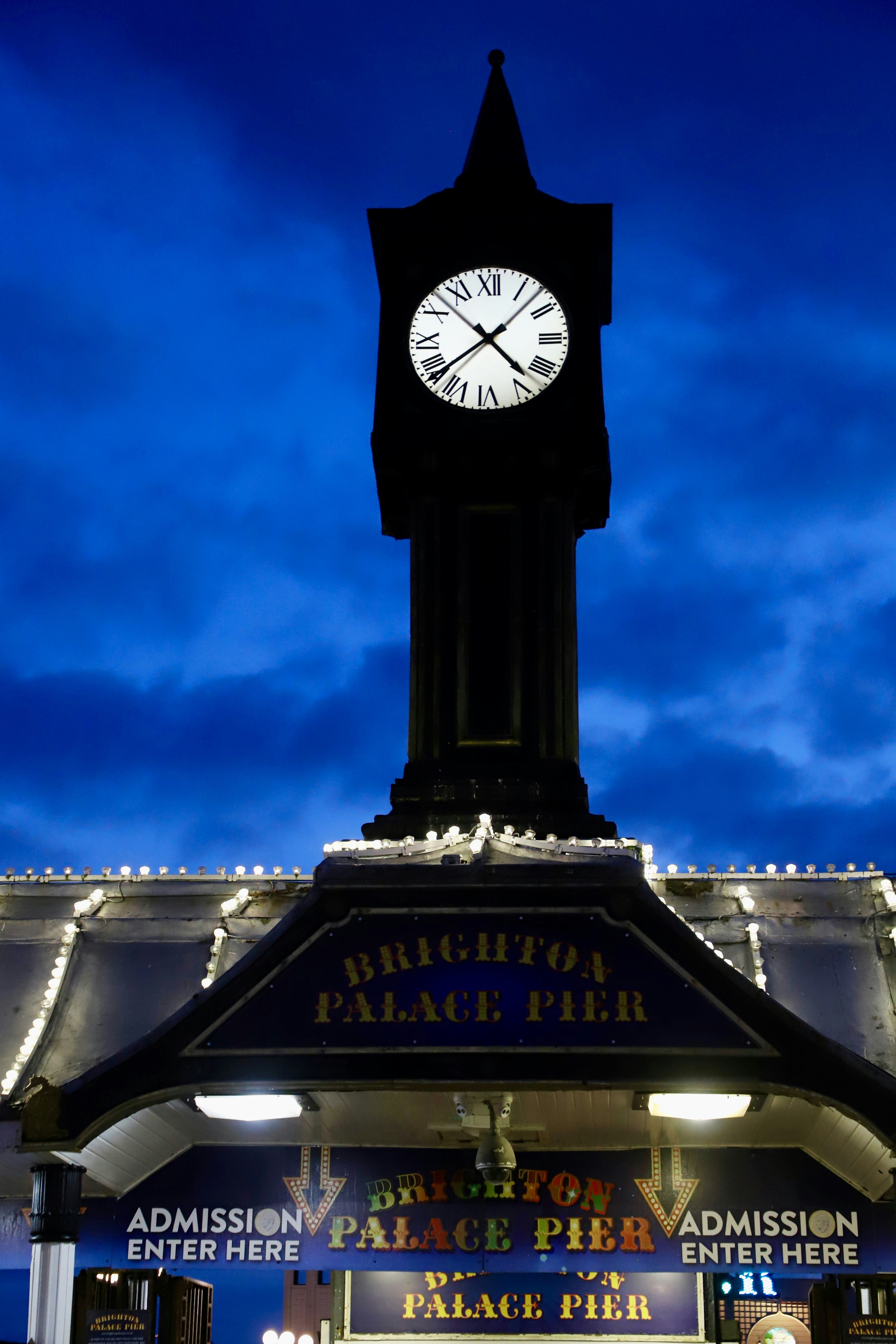 Blue Hour Clocktower Over Brighton Palace Pier Entrance