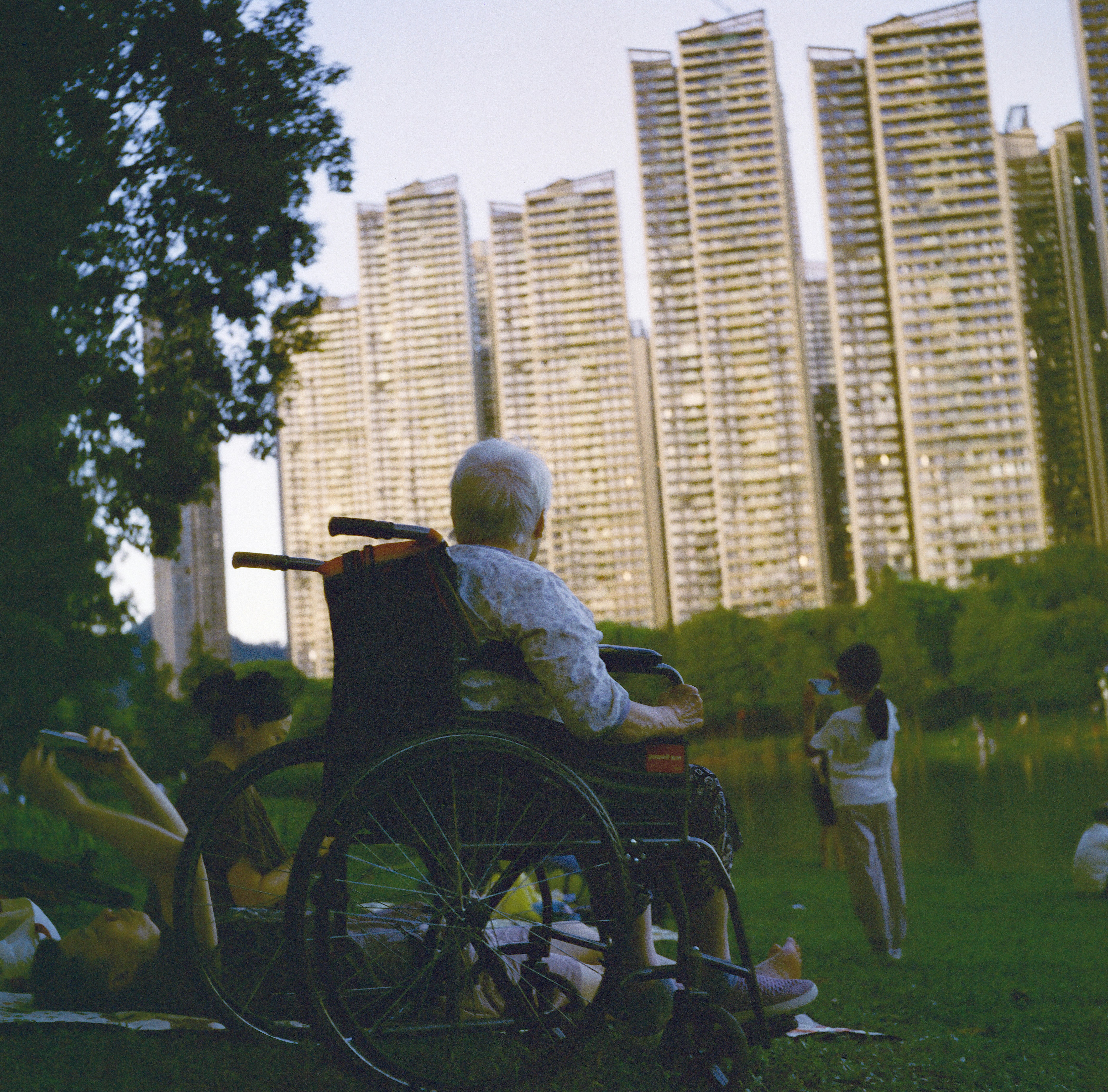 Elderly person in wheelchair overlooks city buildings