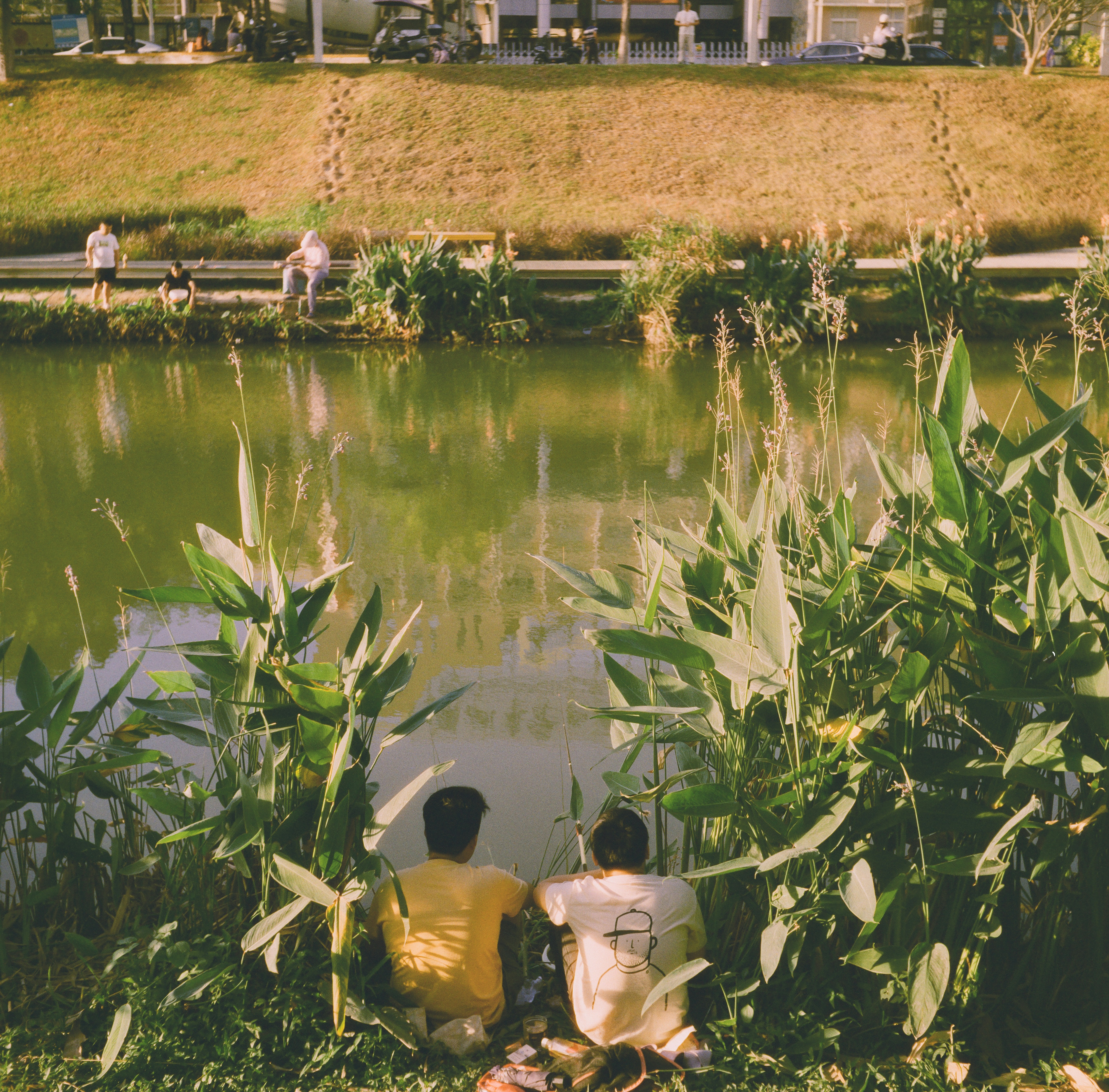 These two have found a perfect spot. Nowadays, urban rivers are increasingly confined by neat embankments, leaving few of the carefree riverbanks we enjoyed as children. This place reminds me of my childhood days playing by the water.