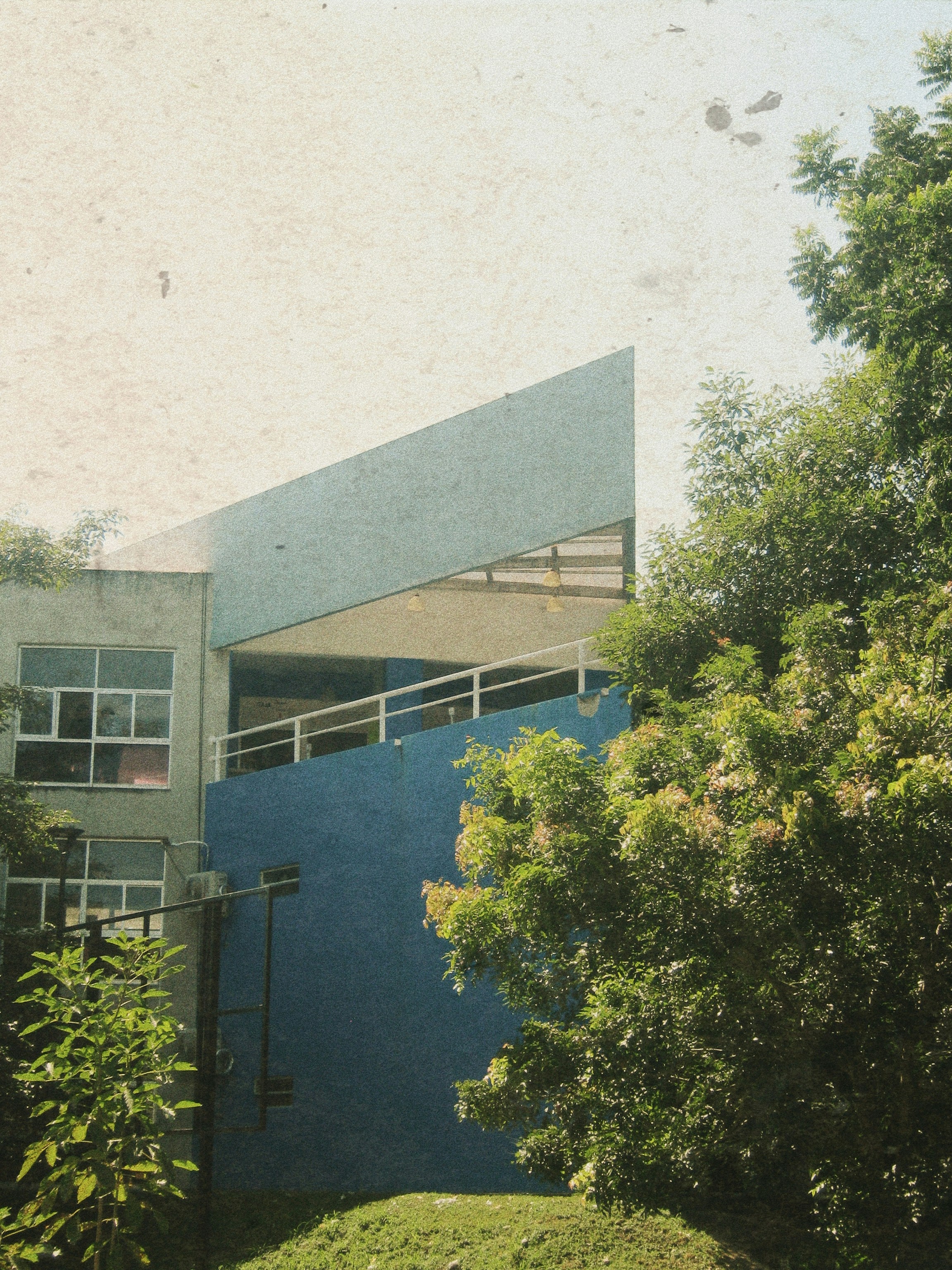 Modern building with blue wall and trees