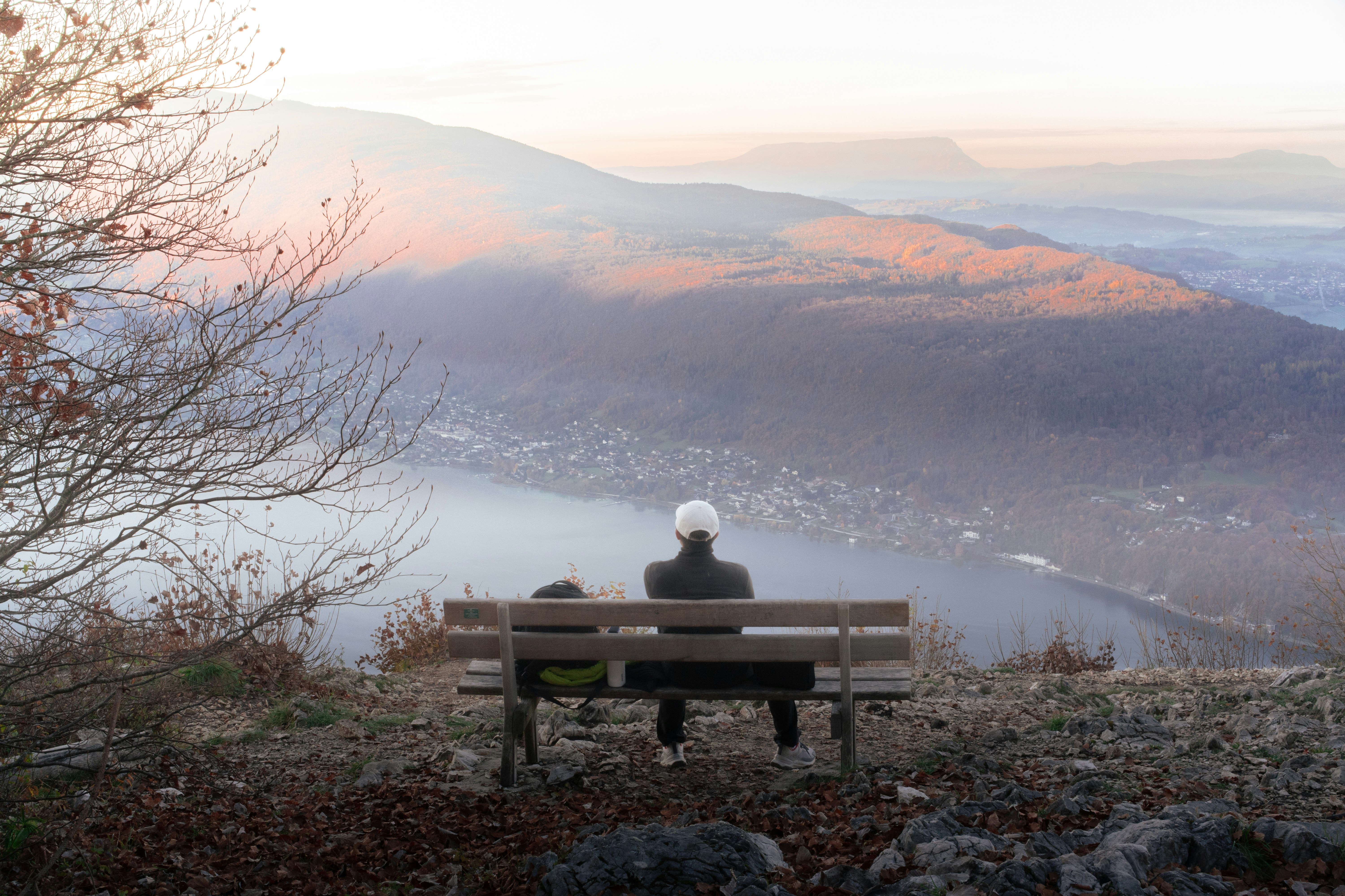 Dawn on the Bench: Quiet Companions Over a Layered Valley