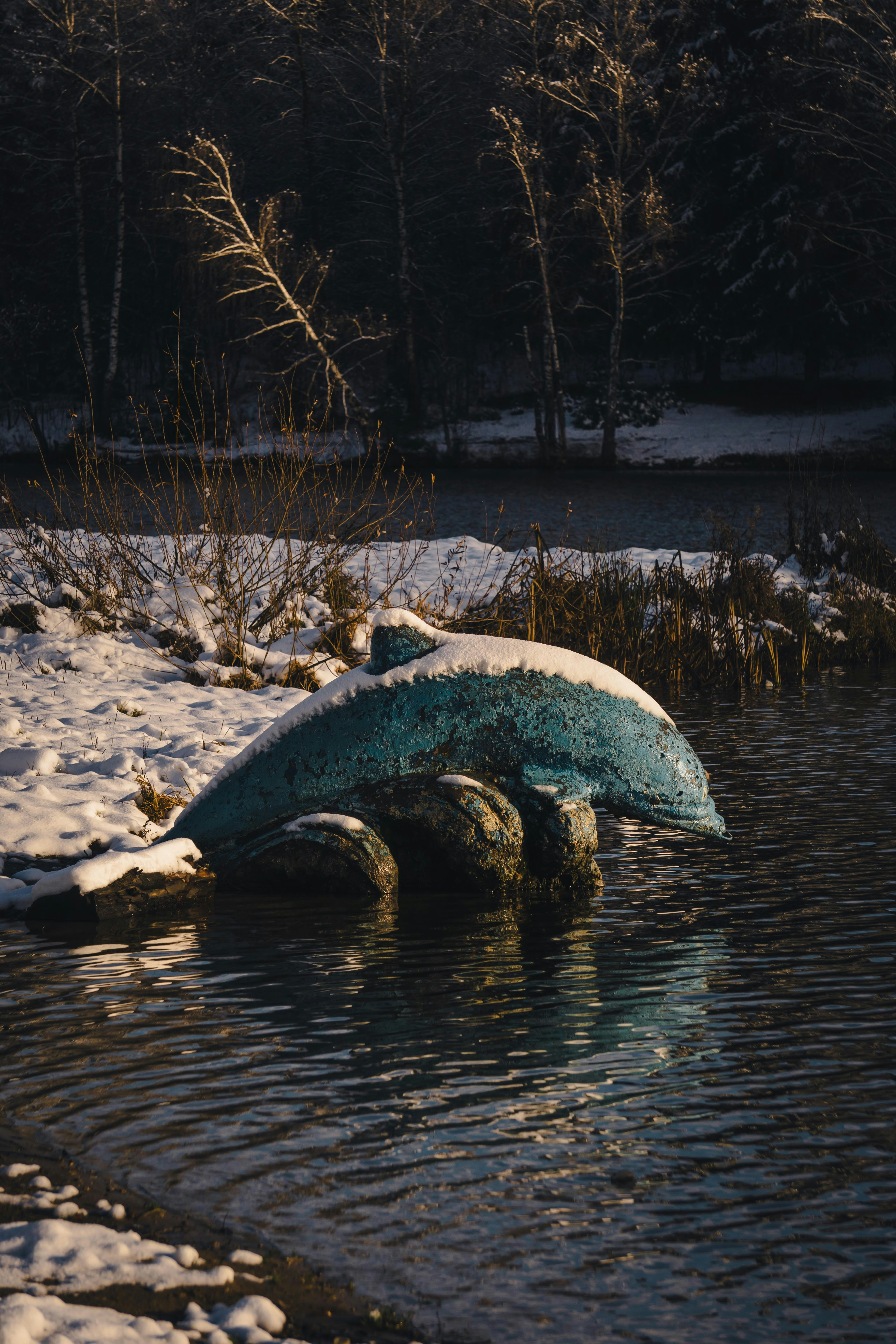 Snow-blanked Turquoise Rock Emerges from a Quiet Winter Waterscape
