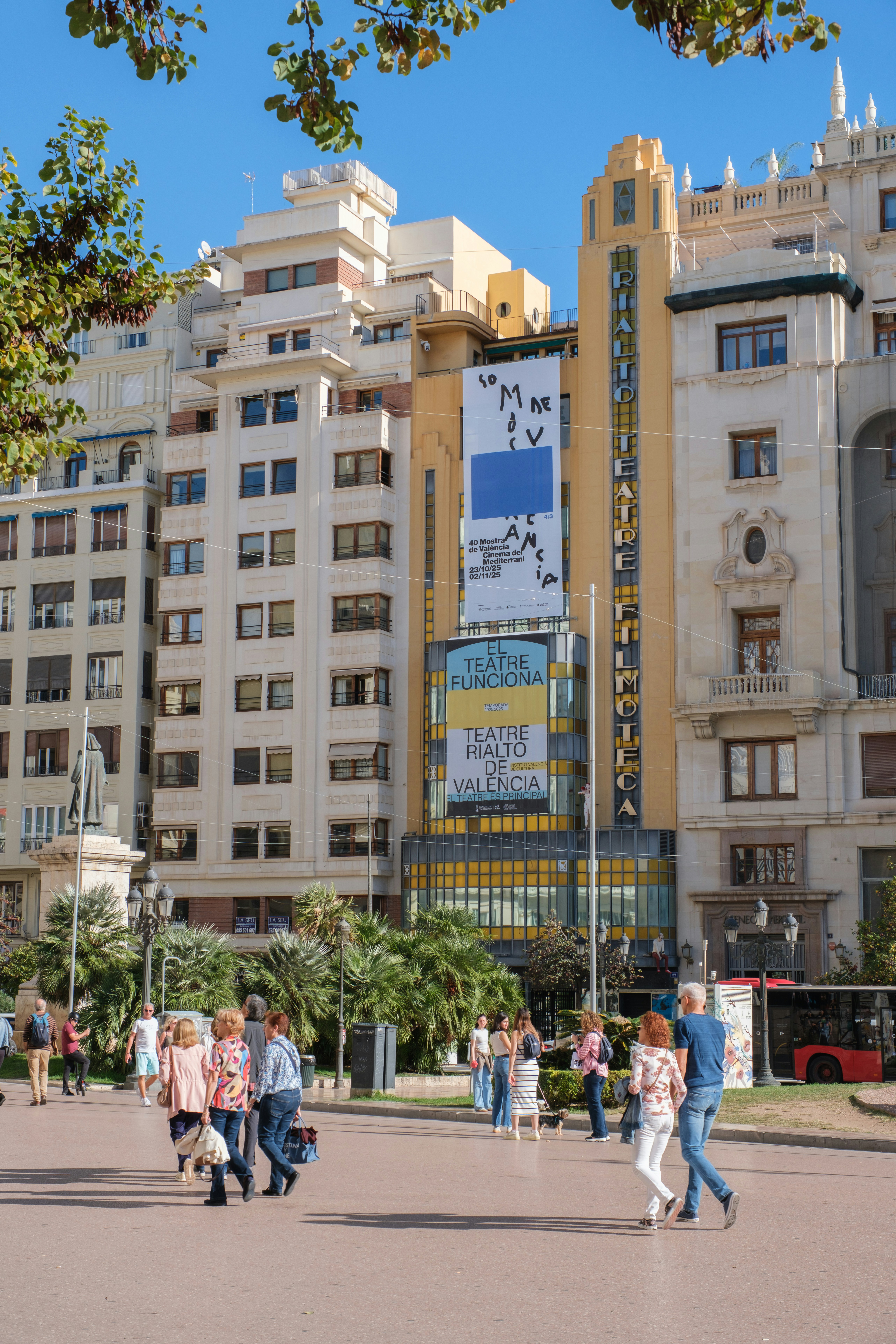 Rialto Theatre Facade in a Valencia Plaza Under Bright Afternoon Light