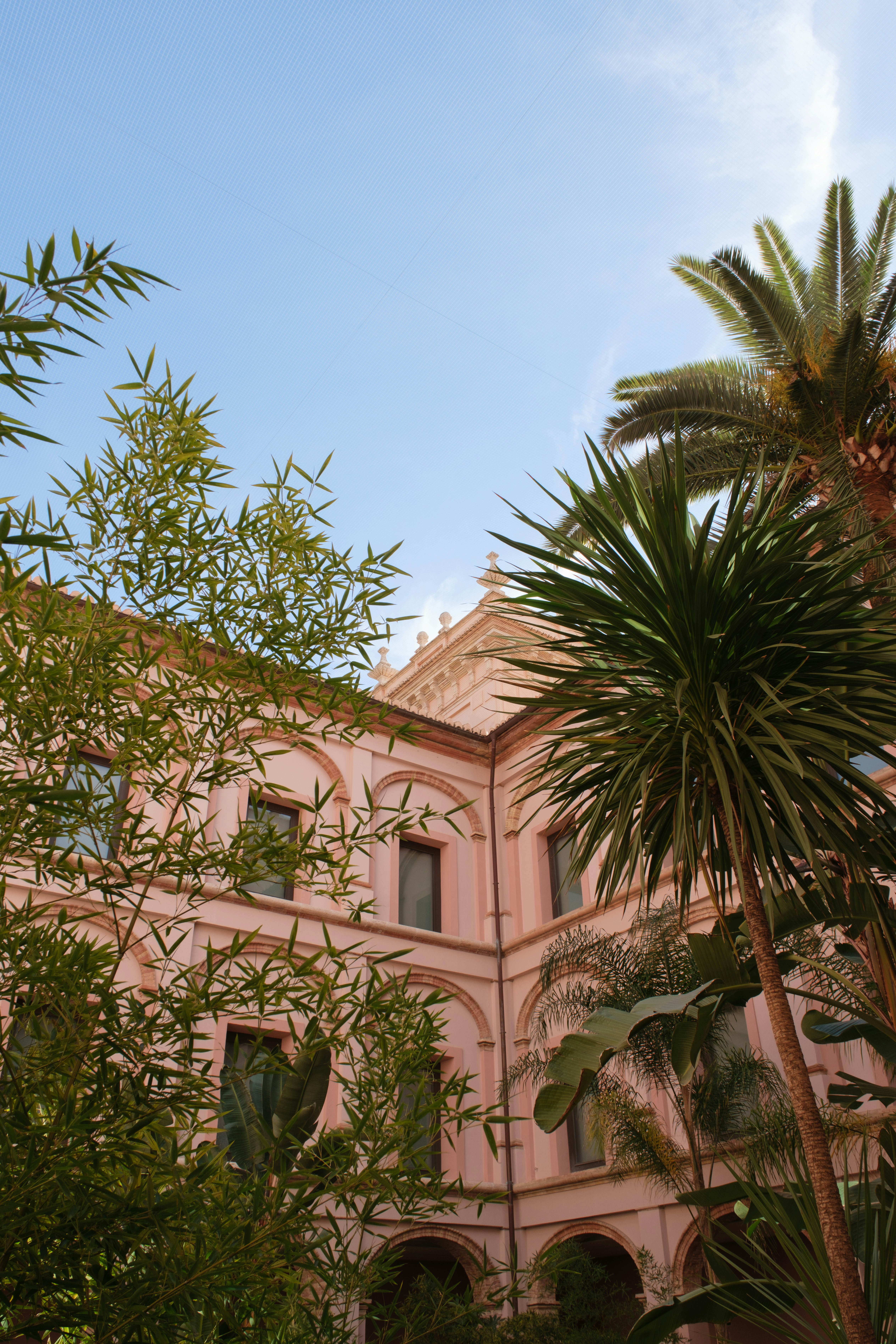Pastel Courtyard: Arches Framed by Tropical Foliage