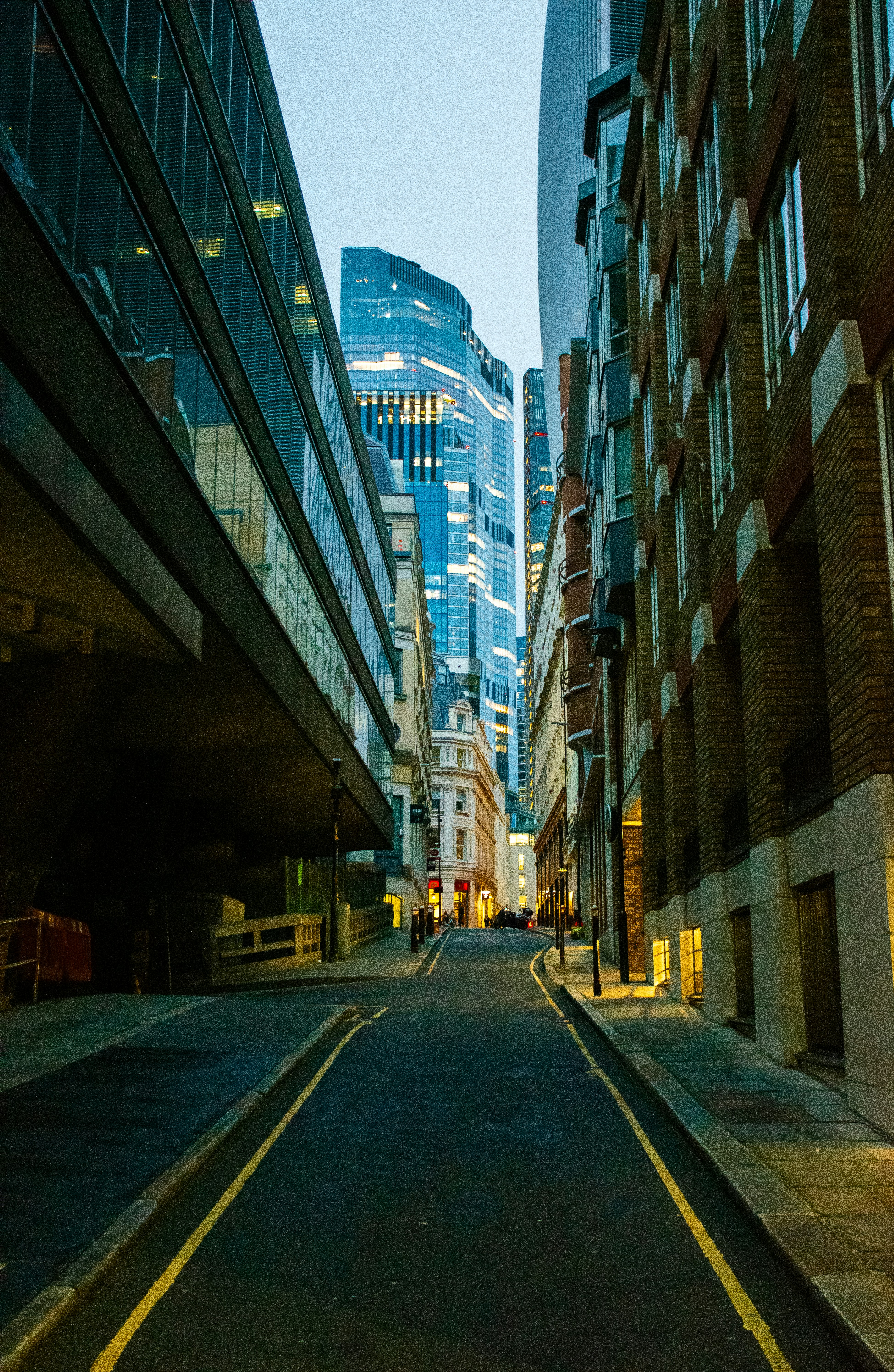 Convergence at Blue Hour: Canyon of Brick and Glass