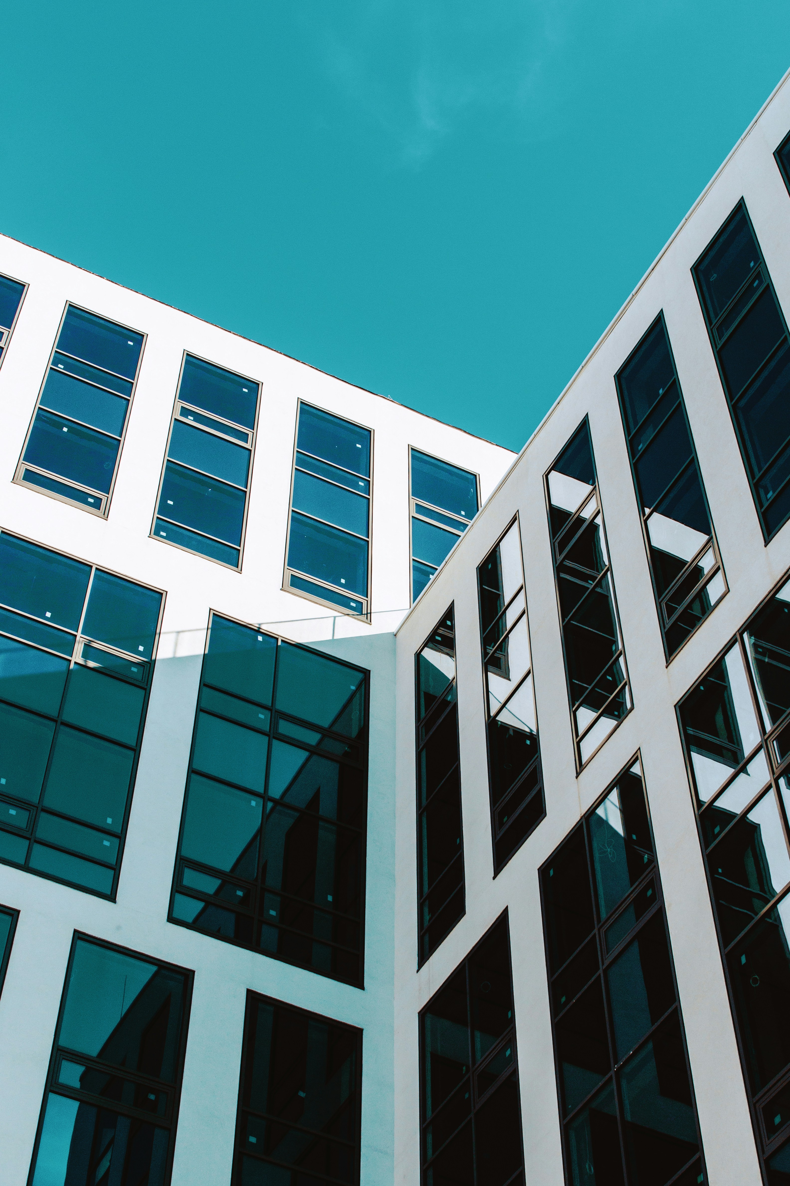 Modern white building with reflective blue windows photo – Free ...