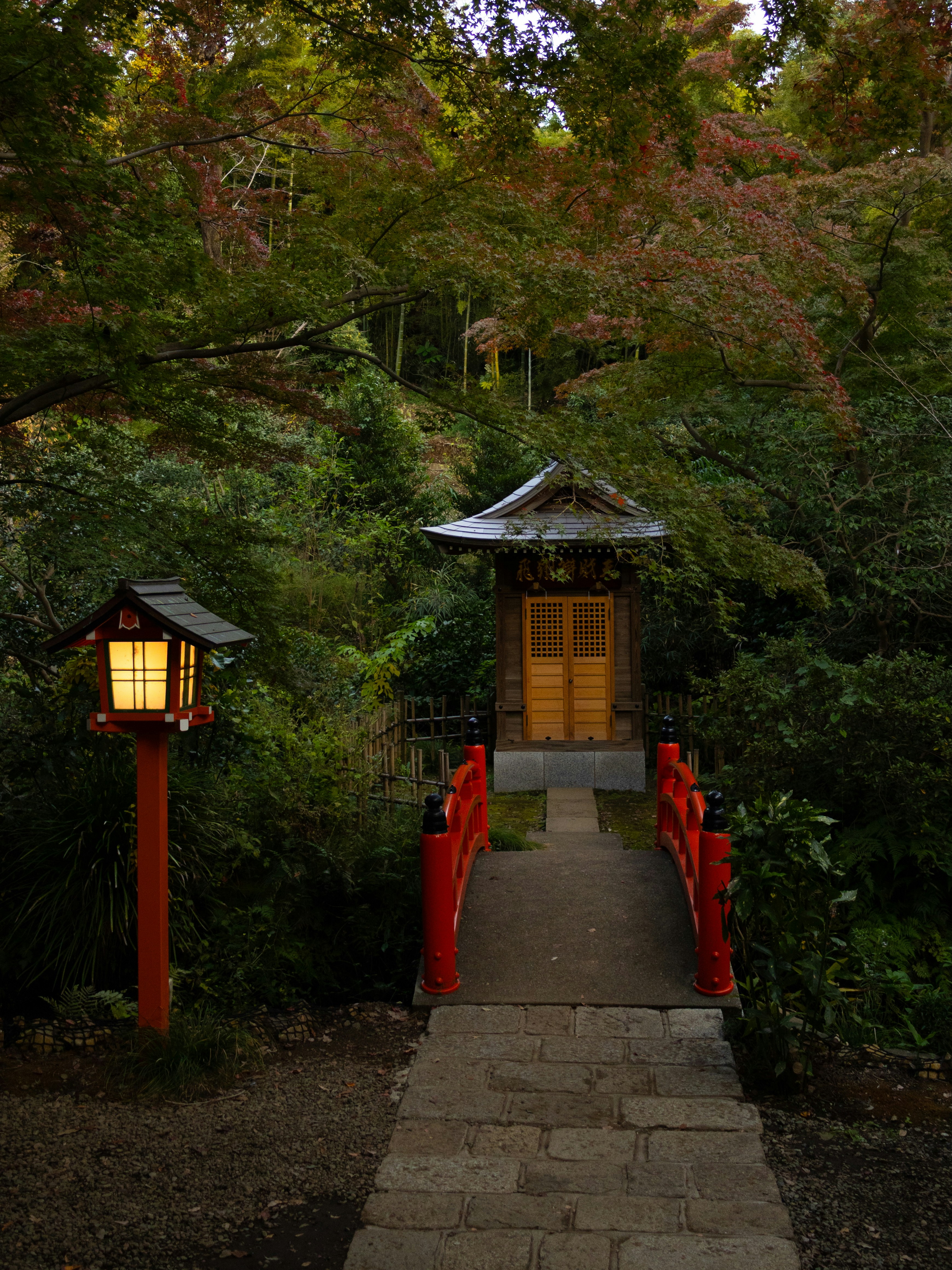 Red bridge leads to small building with lantern photo – Free Autumn ...