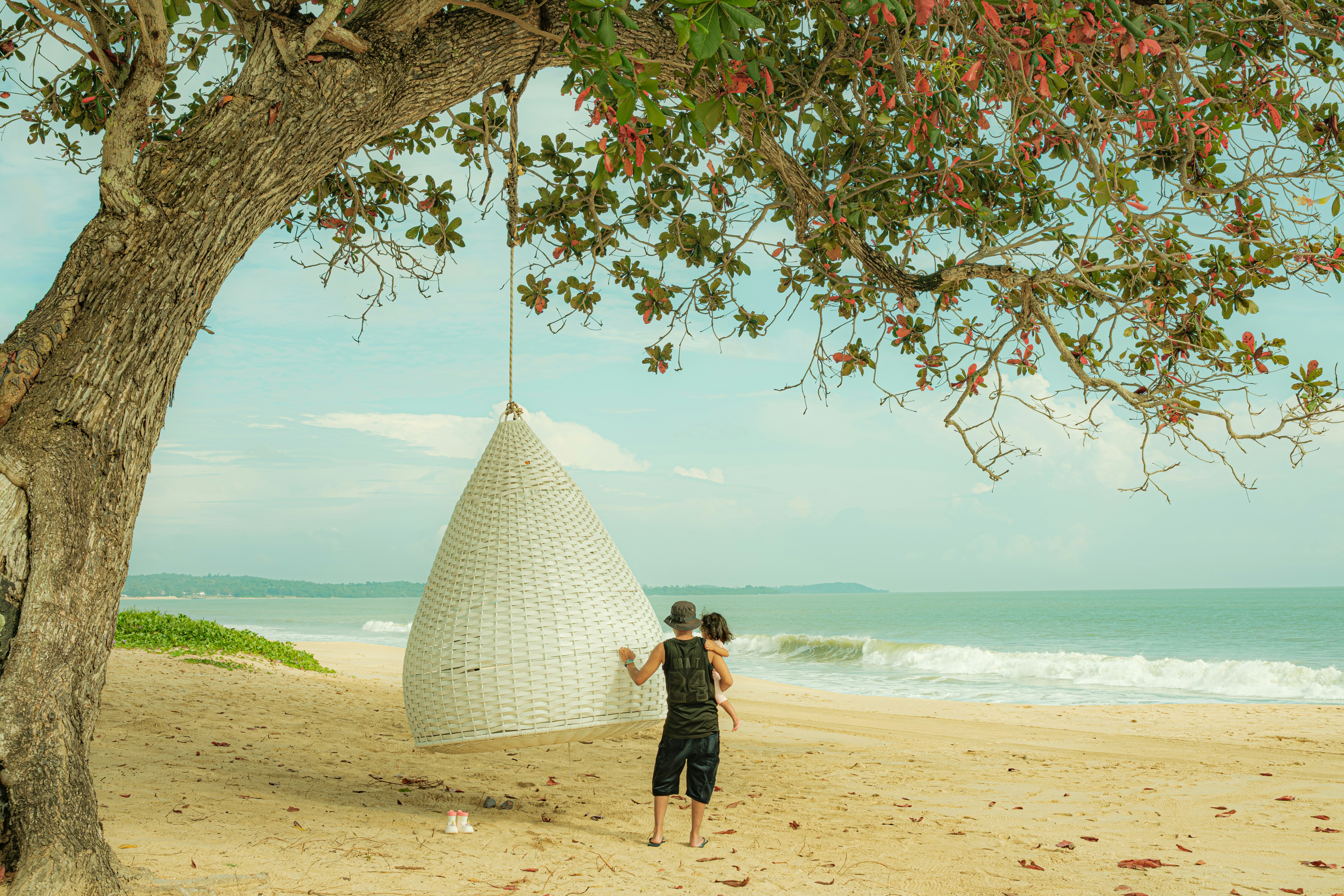 Seaside Swing Under a Sunlit Tree: Quiet Moments by the Ocean