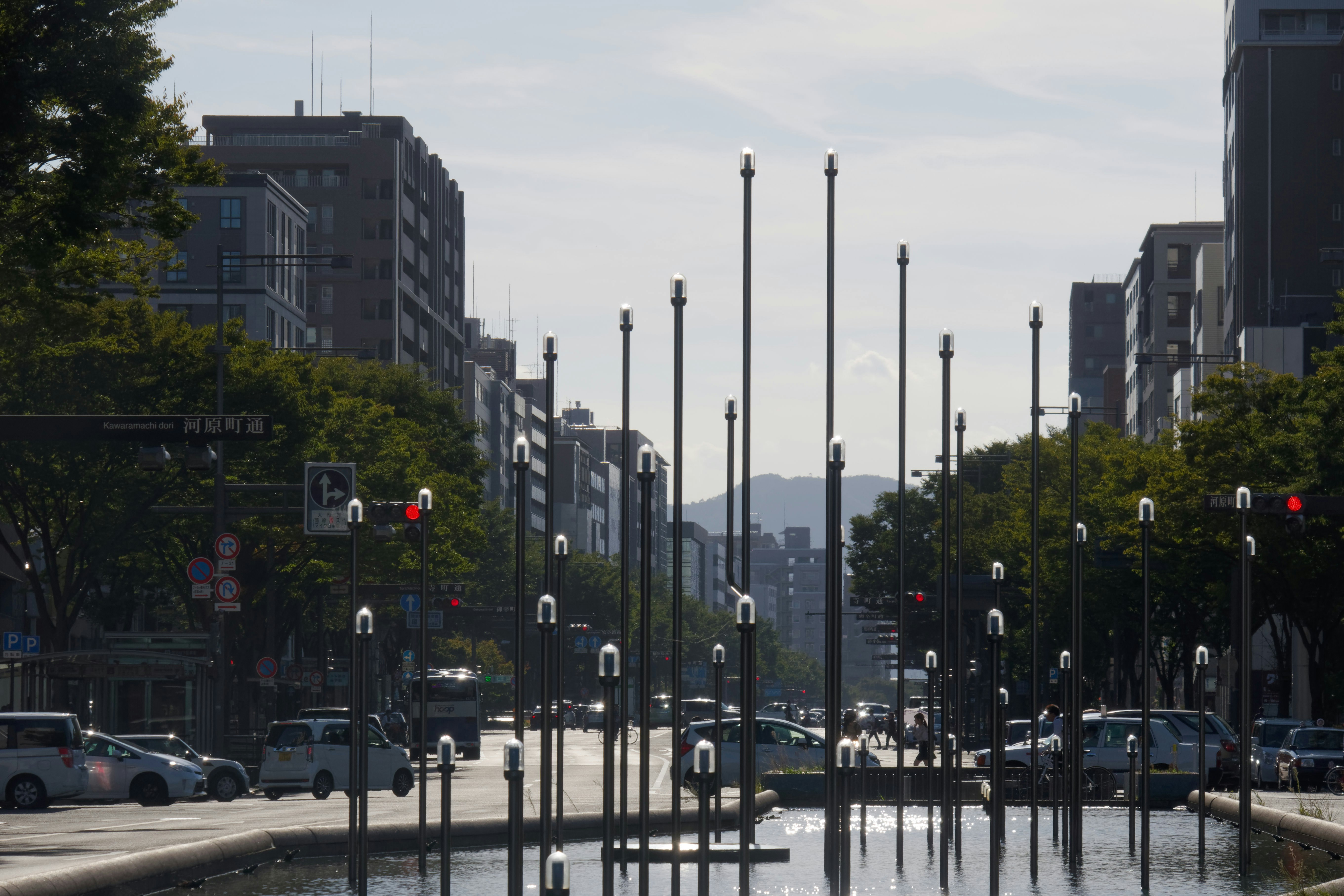 Pole-Lined Perspective: Urban Canal Reflections and Moving Traffic