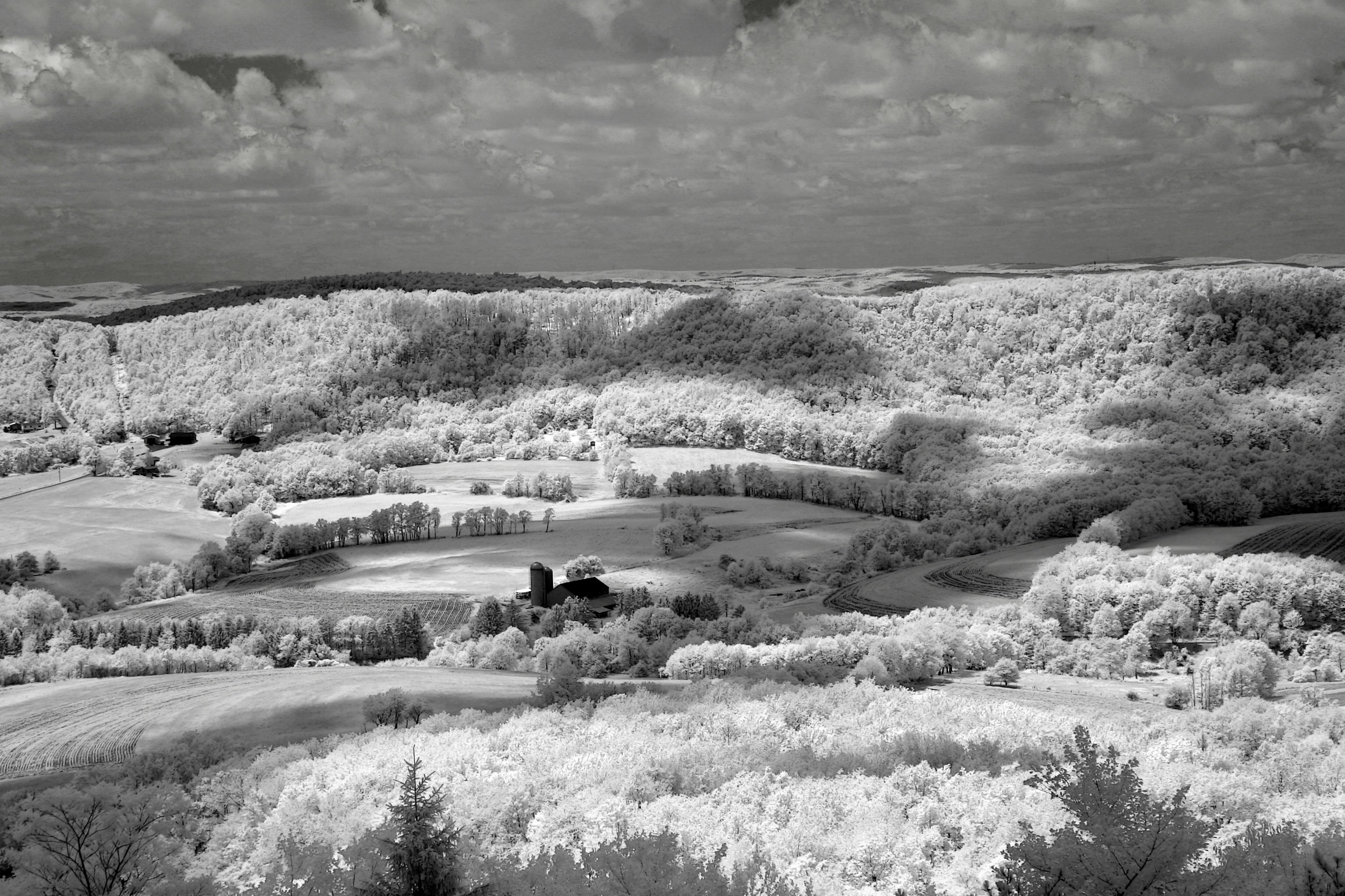 Solitary Farmstead Nestled in a Valley of Silvery Hills