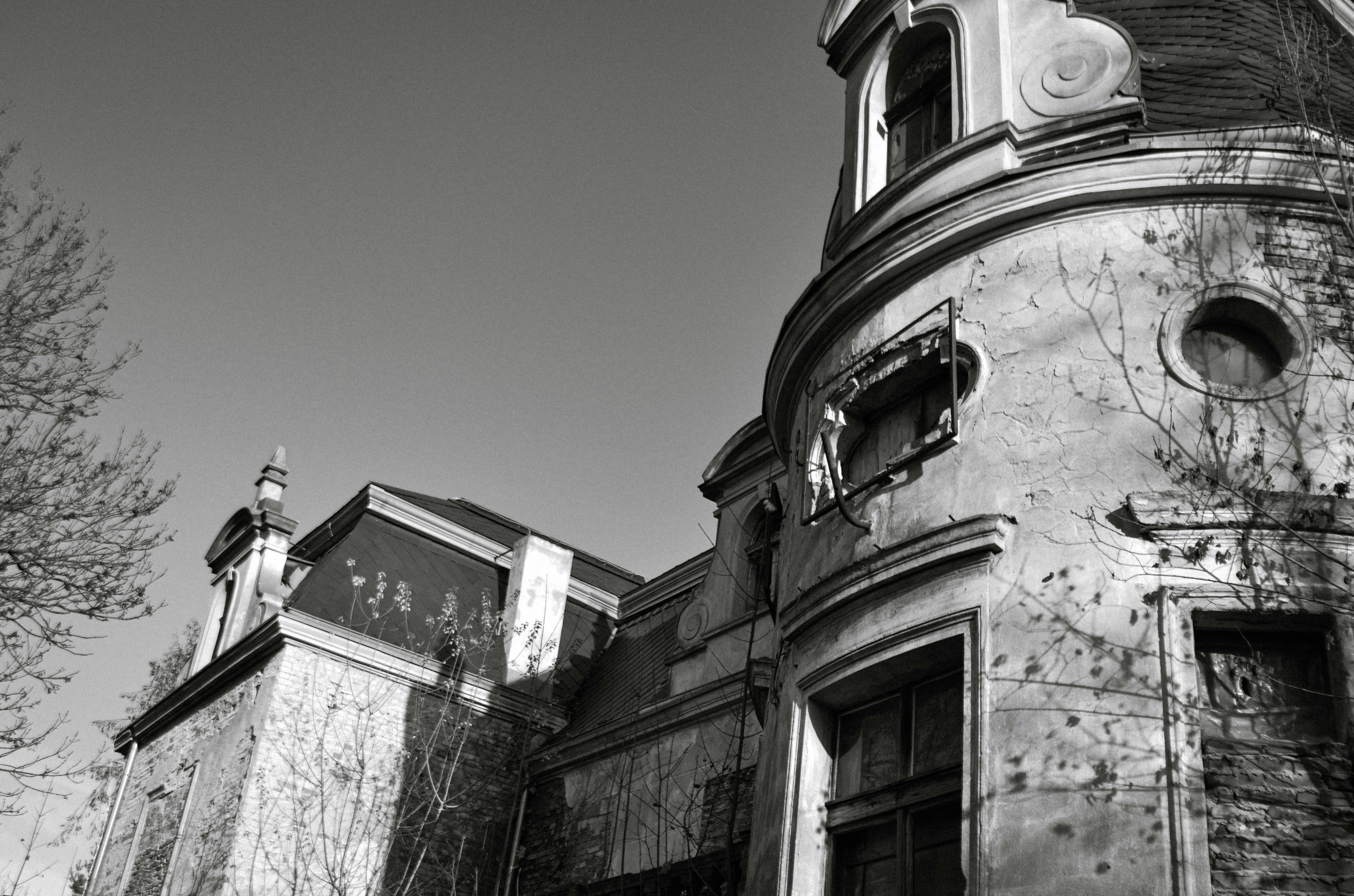 Curved Turret of an Abandoned Manor in Monochrome