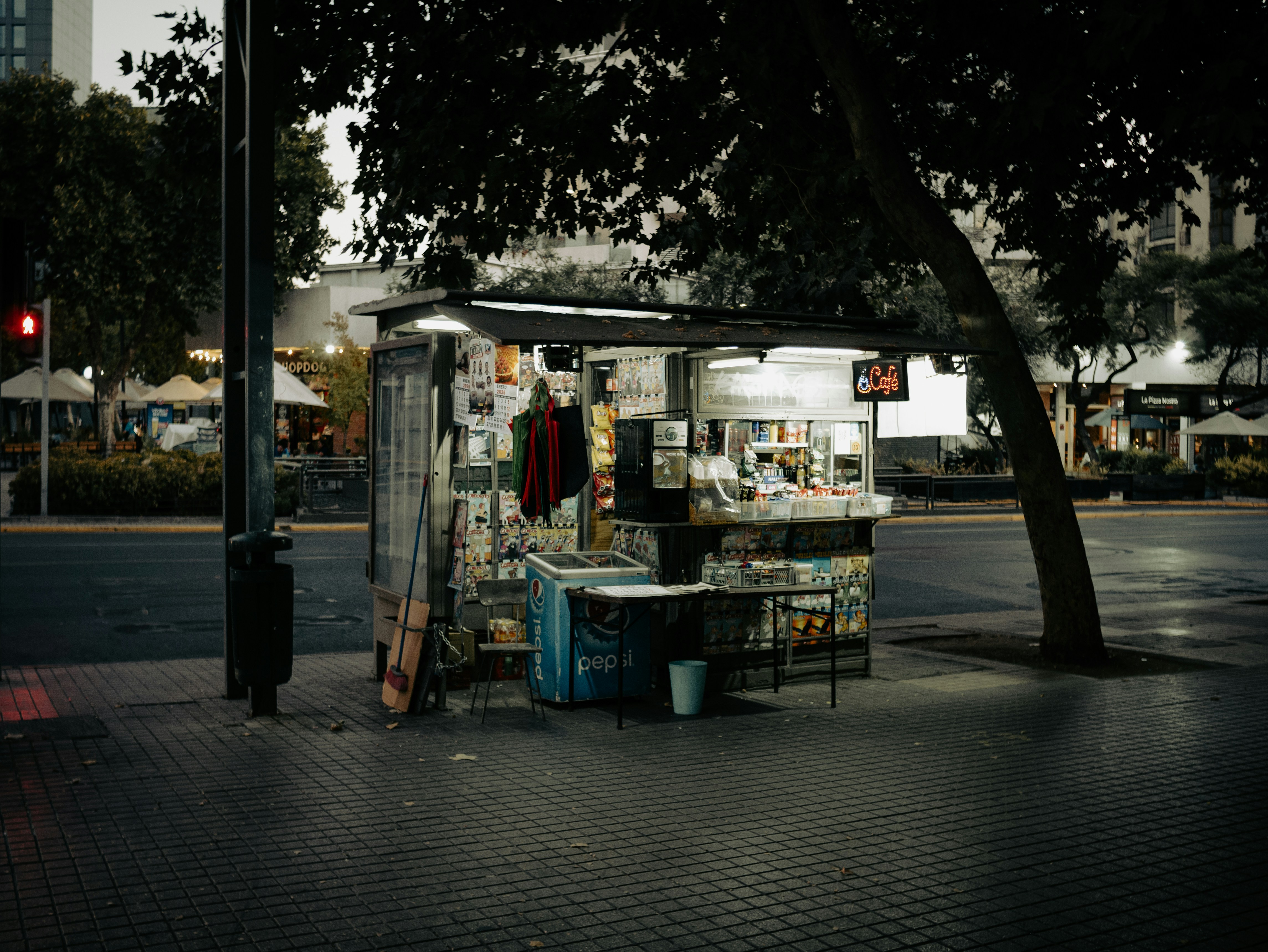 Neon Quiet: A Dim Street Snack Stand Under a Tree