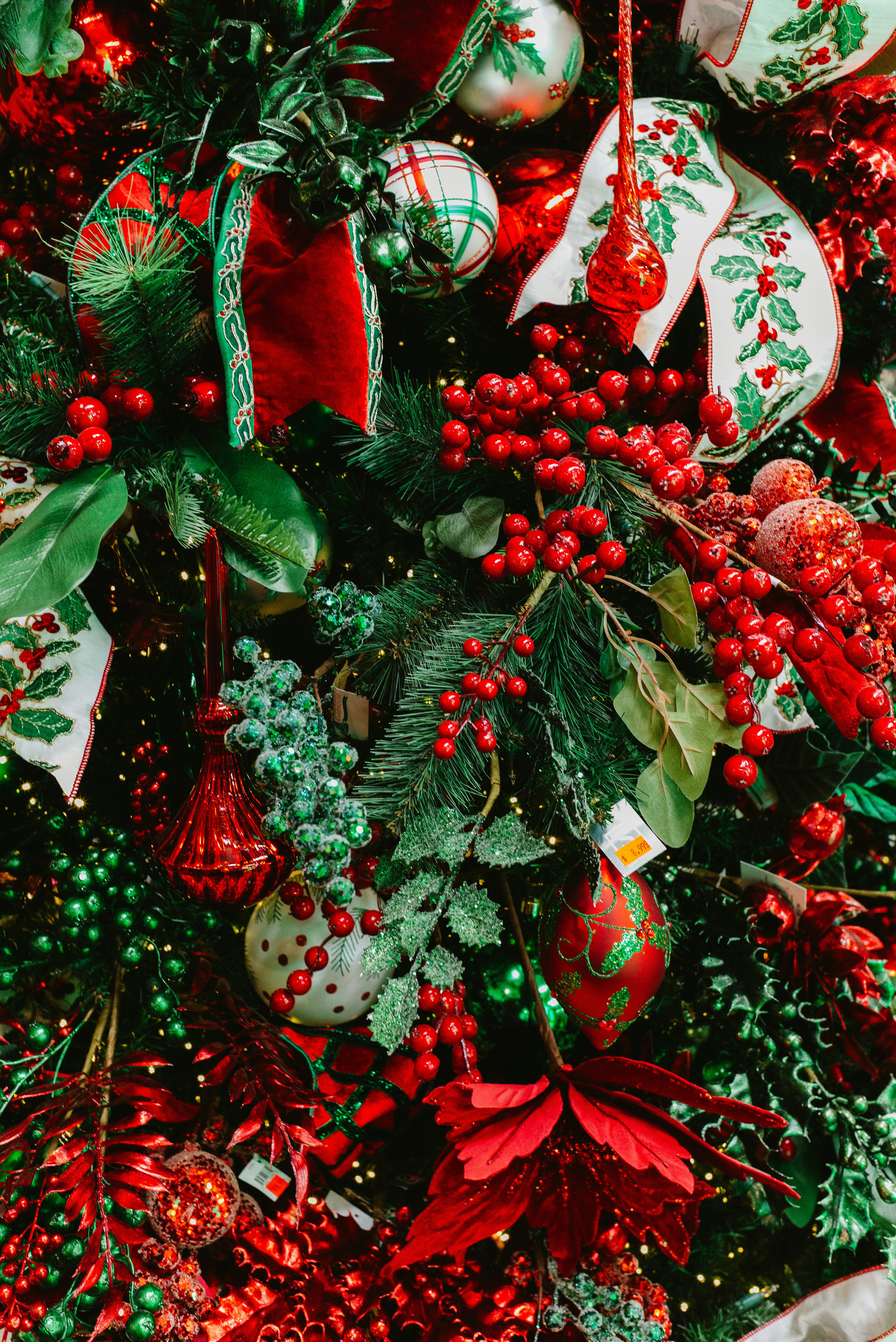 Festive Cluster of Christmas Ornaments and Greens