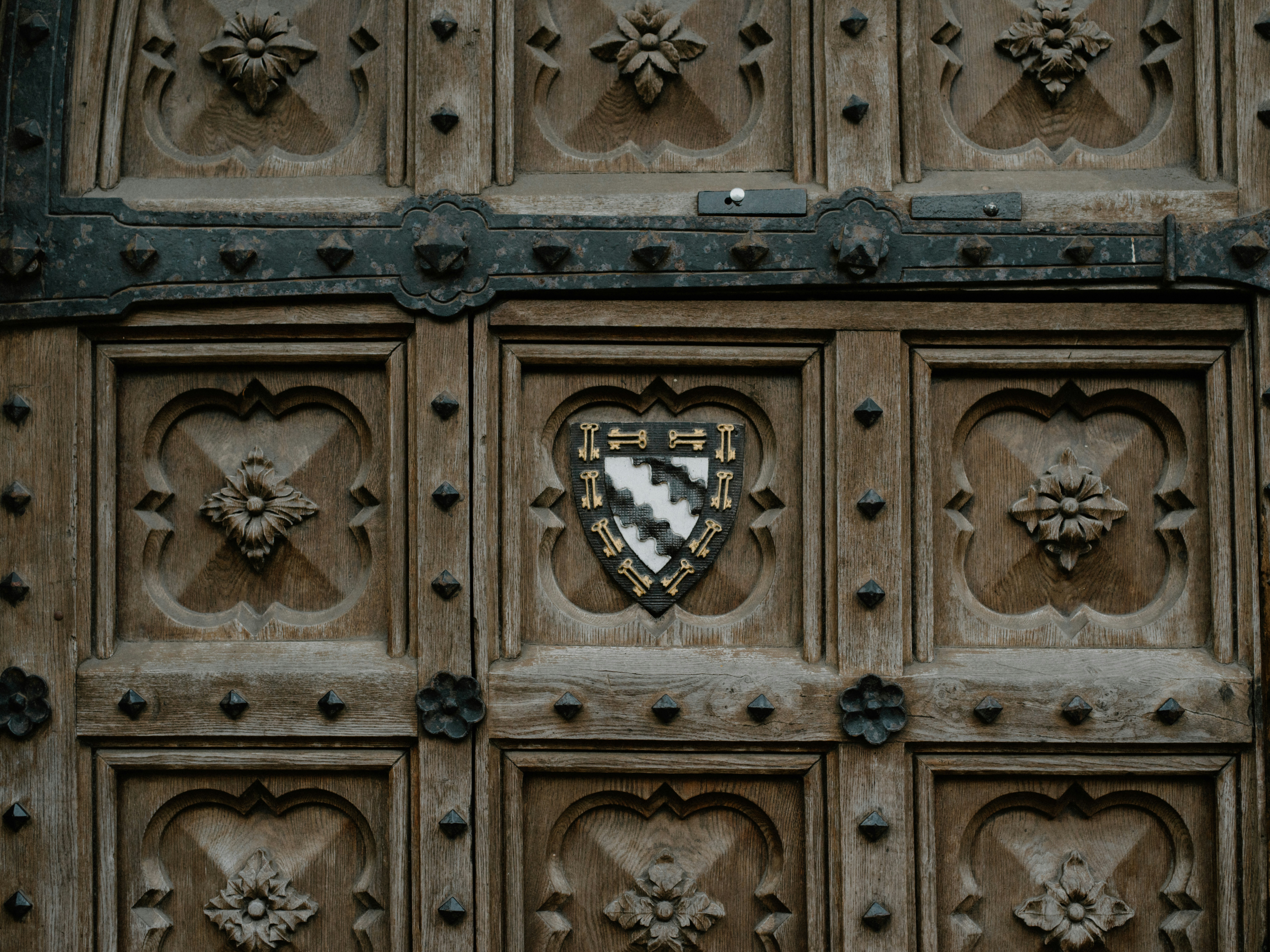 Ornate wooden door with heraldic shield emblem