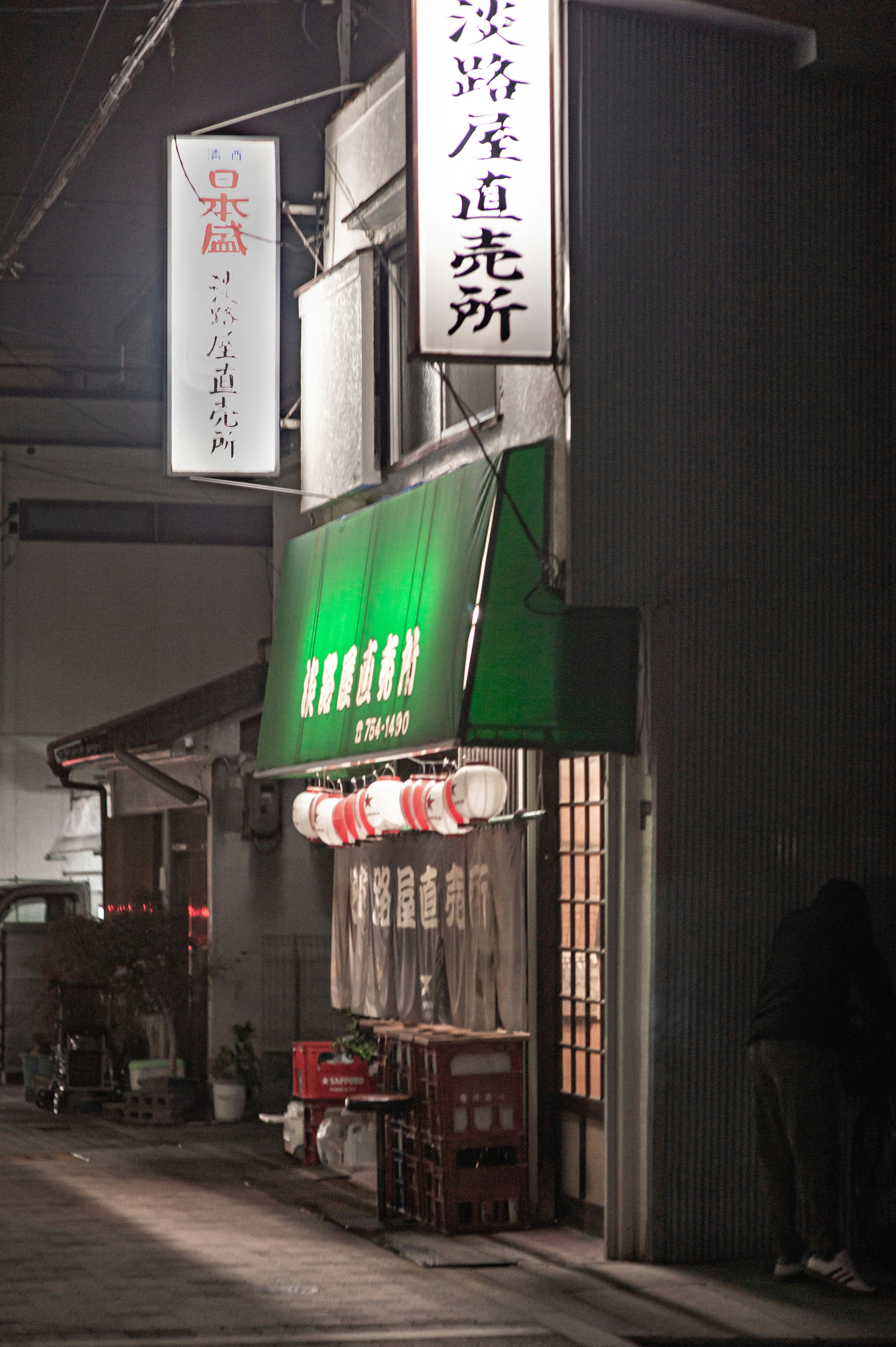 Neon Green Facade and Lanterns on a Quiet Japanese Alley at Night
