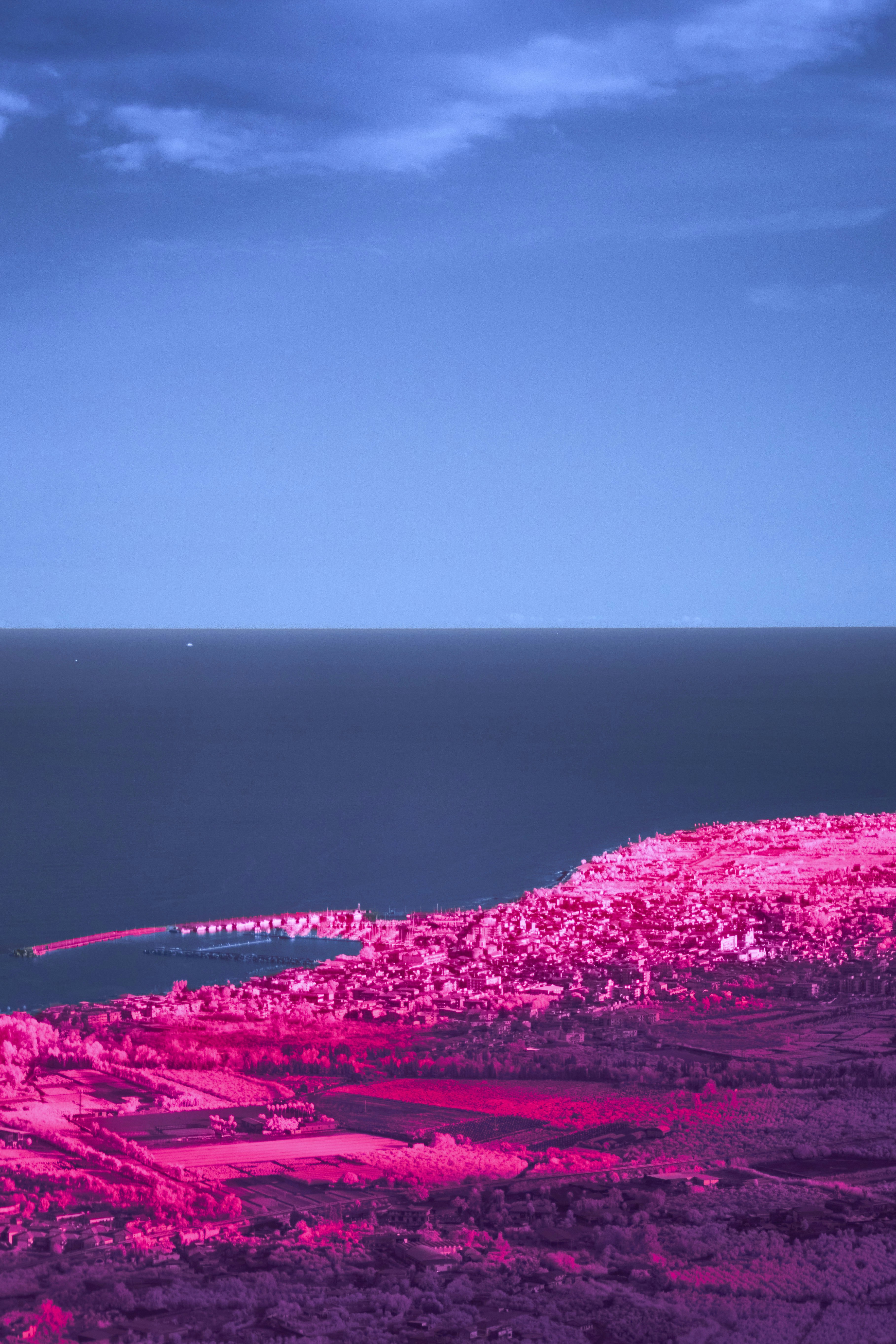 Infrared Coastline: A Pink Coastal Plain Meets the Quiet Blue Sea