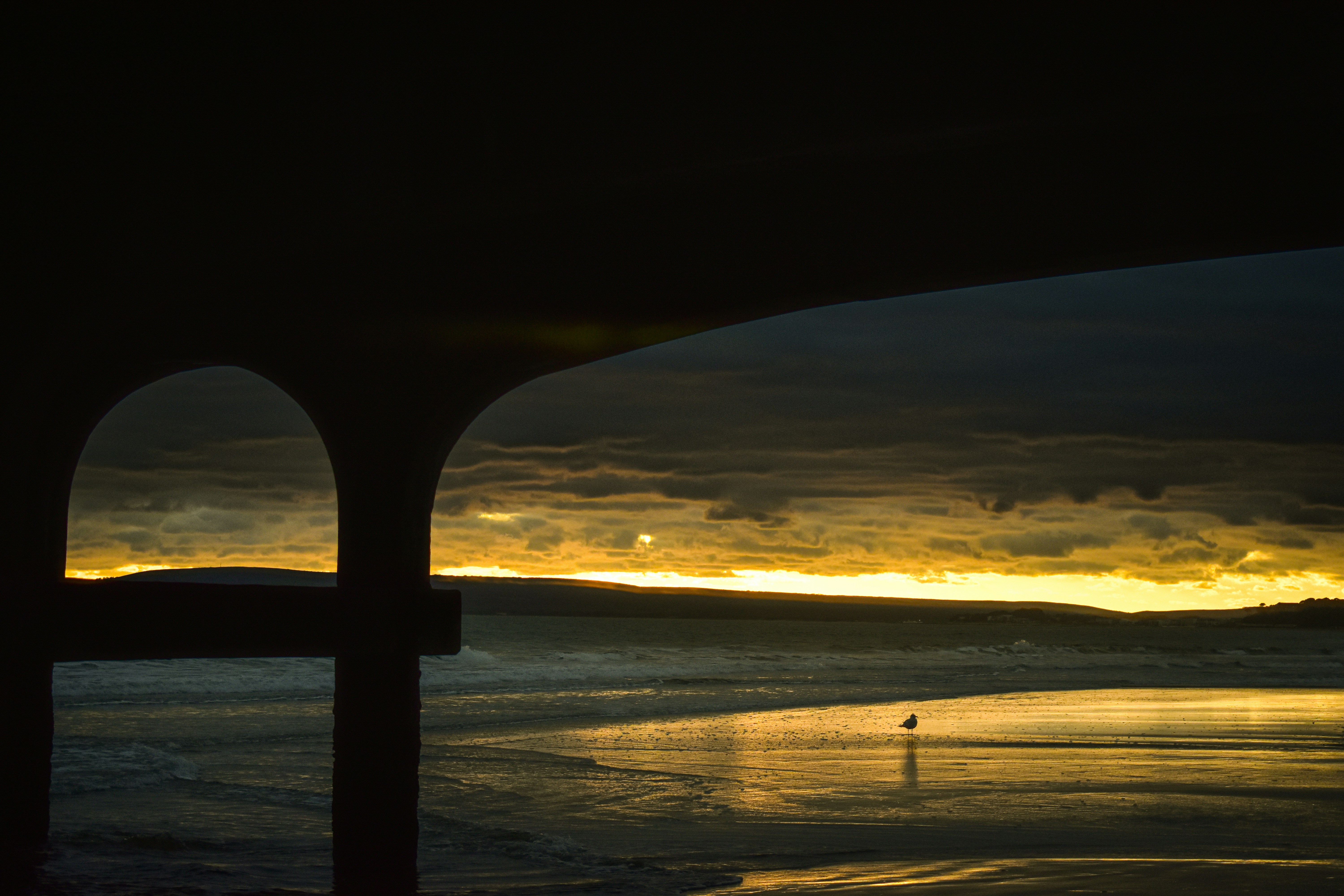Golden hour hitting the shoreline beneath the pier, where shadows and light cut the sky into two worlds.